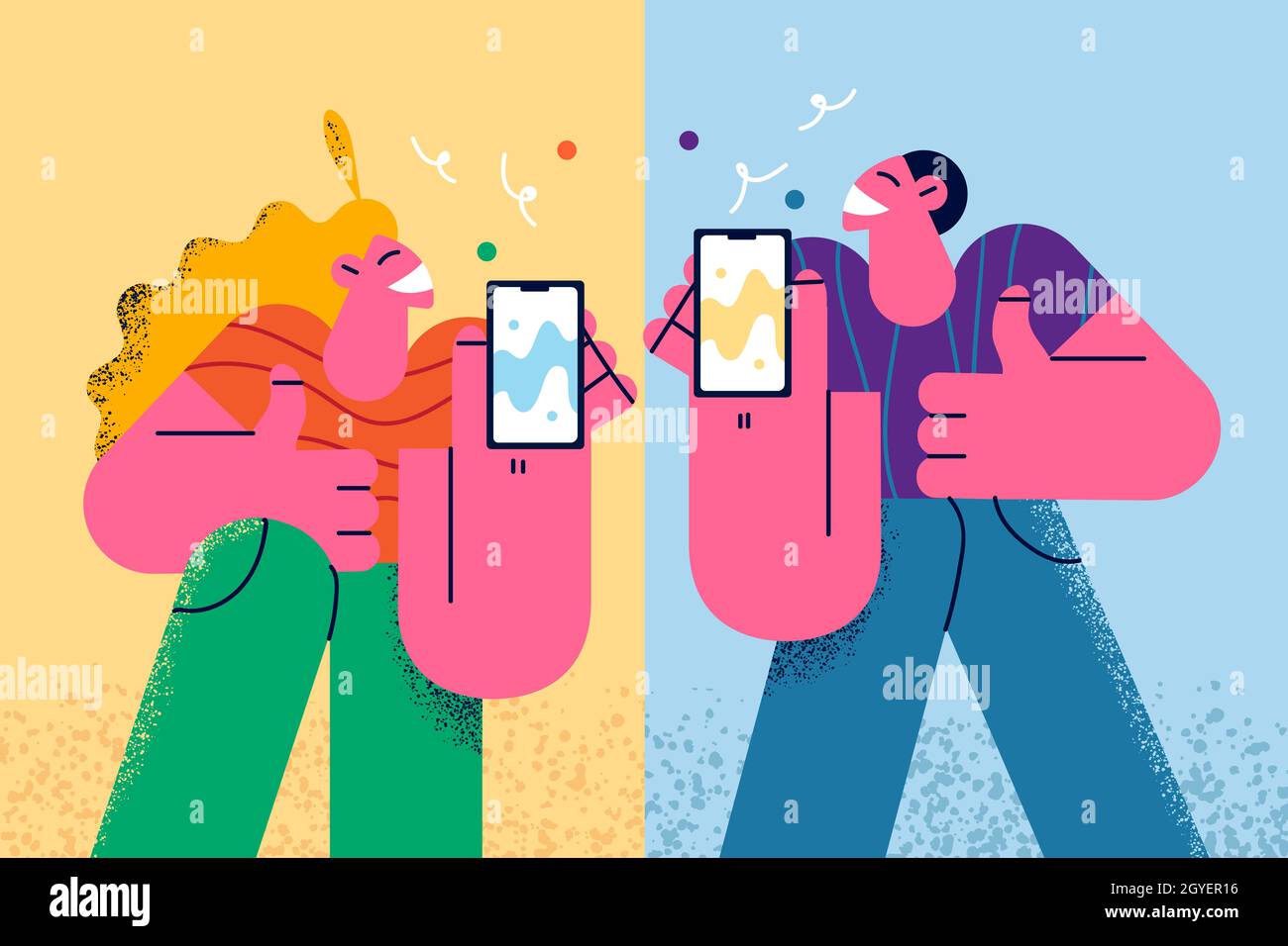 Technology and internet addiction concept. Young smiling man and woman ...