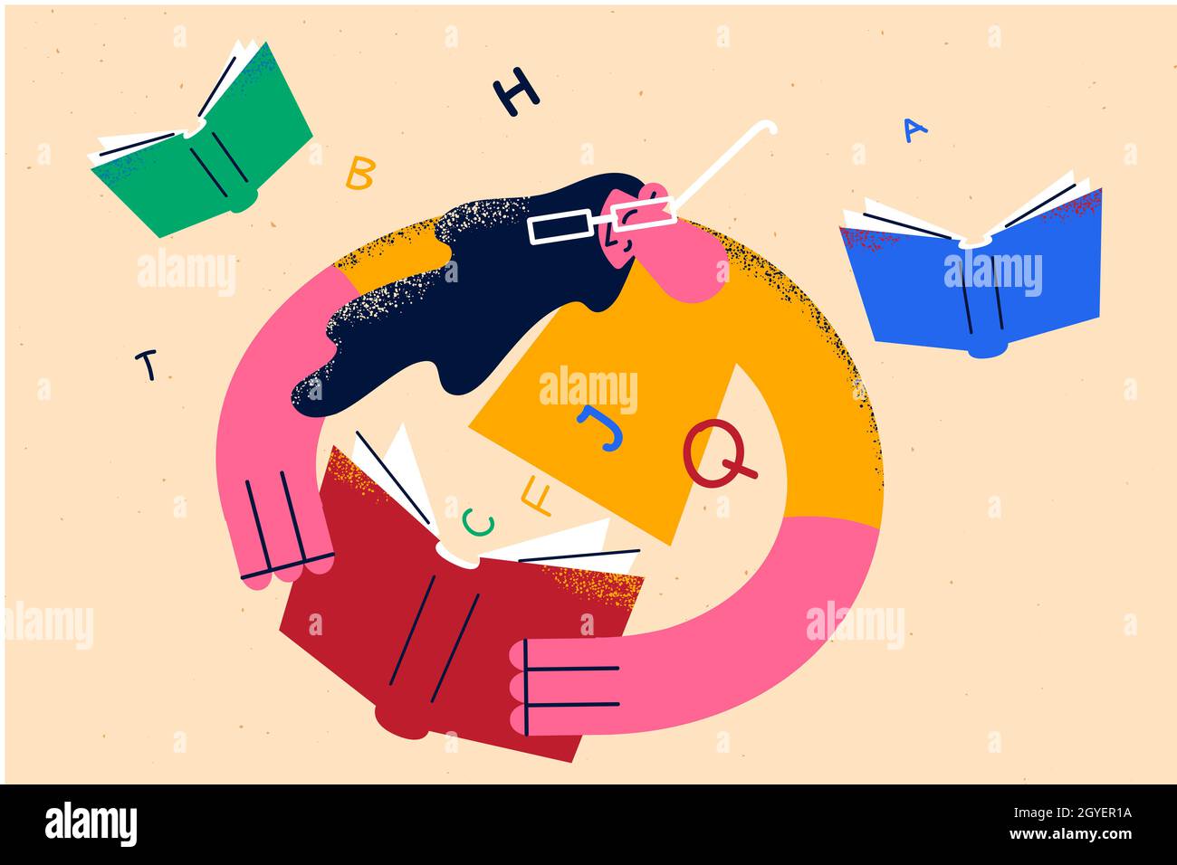 Distant learning and education concept. Woman in glasses cartoon ...