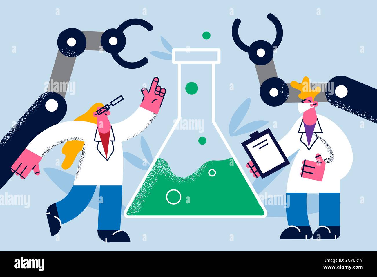 Science, making laboratory research concept. Two young scientists man ...