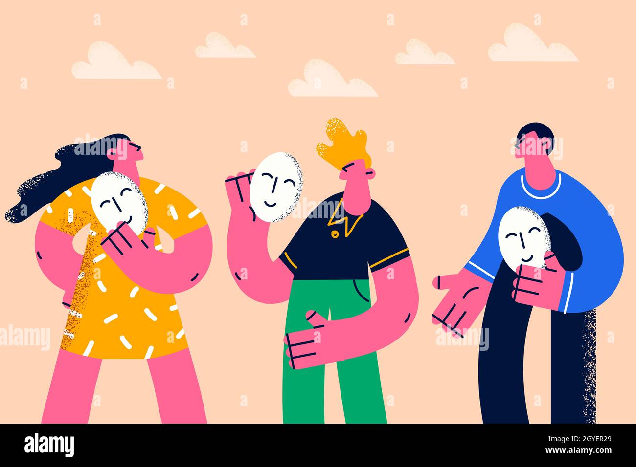 Positivity, changing mood emoji concept. Group of young people standing ...