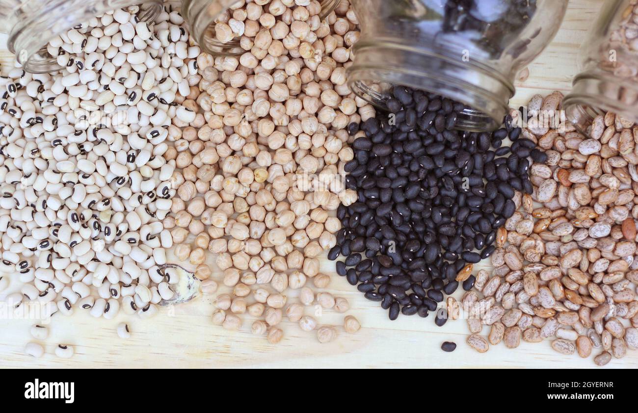 Black-eyed Peas, Chick Peas, Black Beans and Pinto Beans Spilled in ...