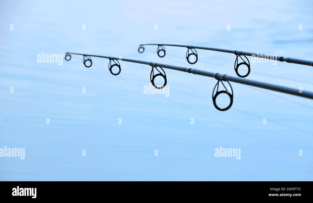 Diminishing perspective of fishing rods over blue water background with ...