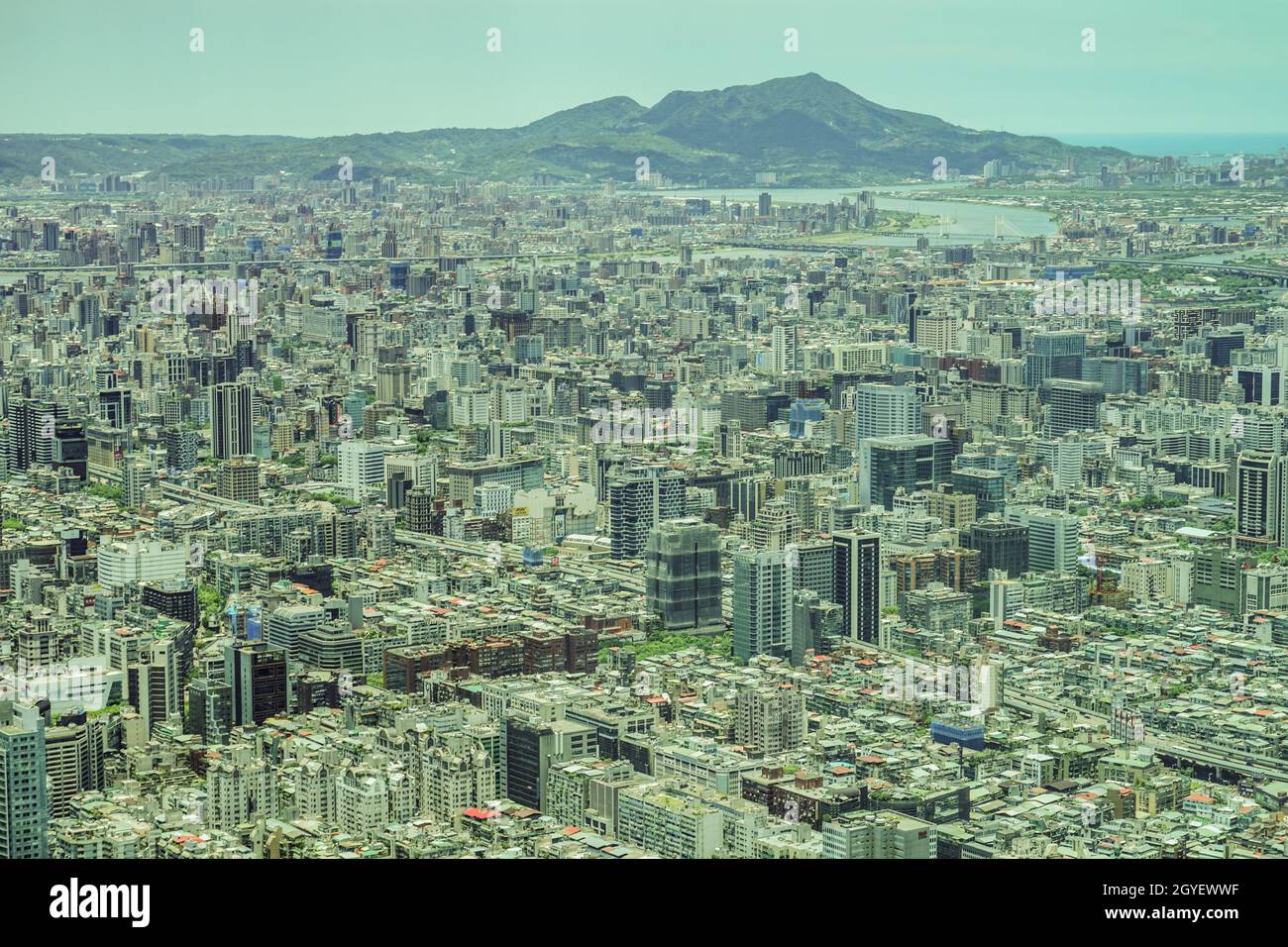 Taipei cityscape and blue sky visible from Taipei 101. Shooting ...