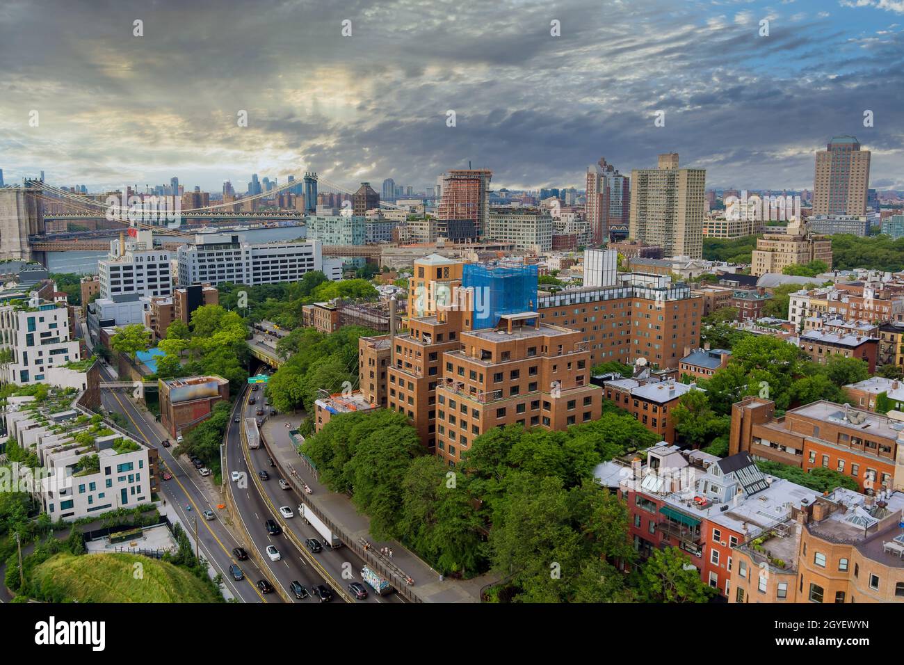 Aerial view of Brooklyn Bridge with overview Brooklyn skyline New York ...