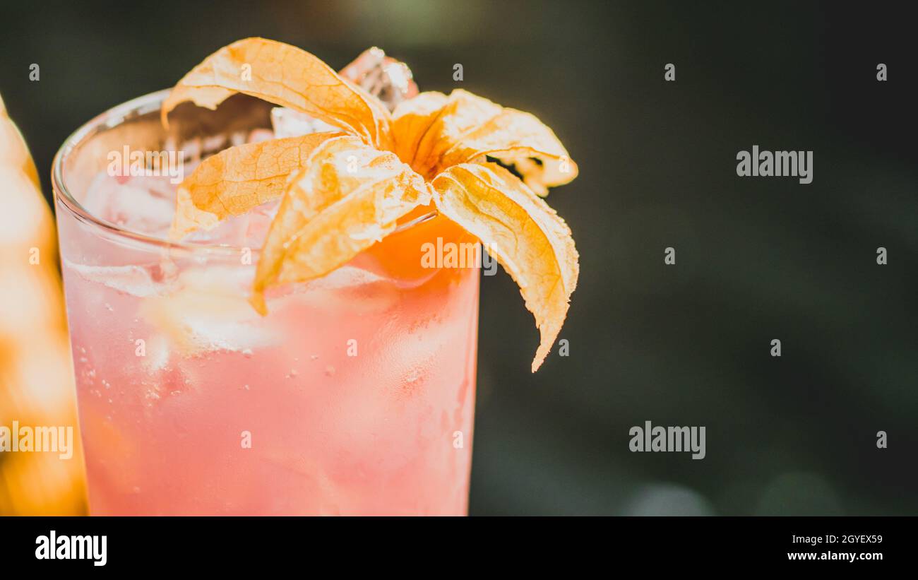 Fresh summer soft drink lady mocktail pour in glass decoration with ...