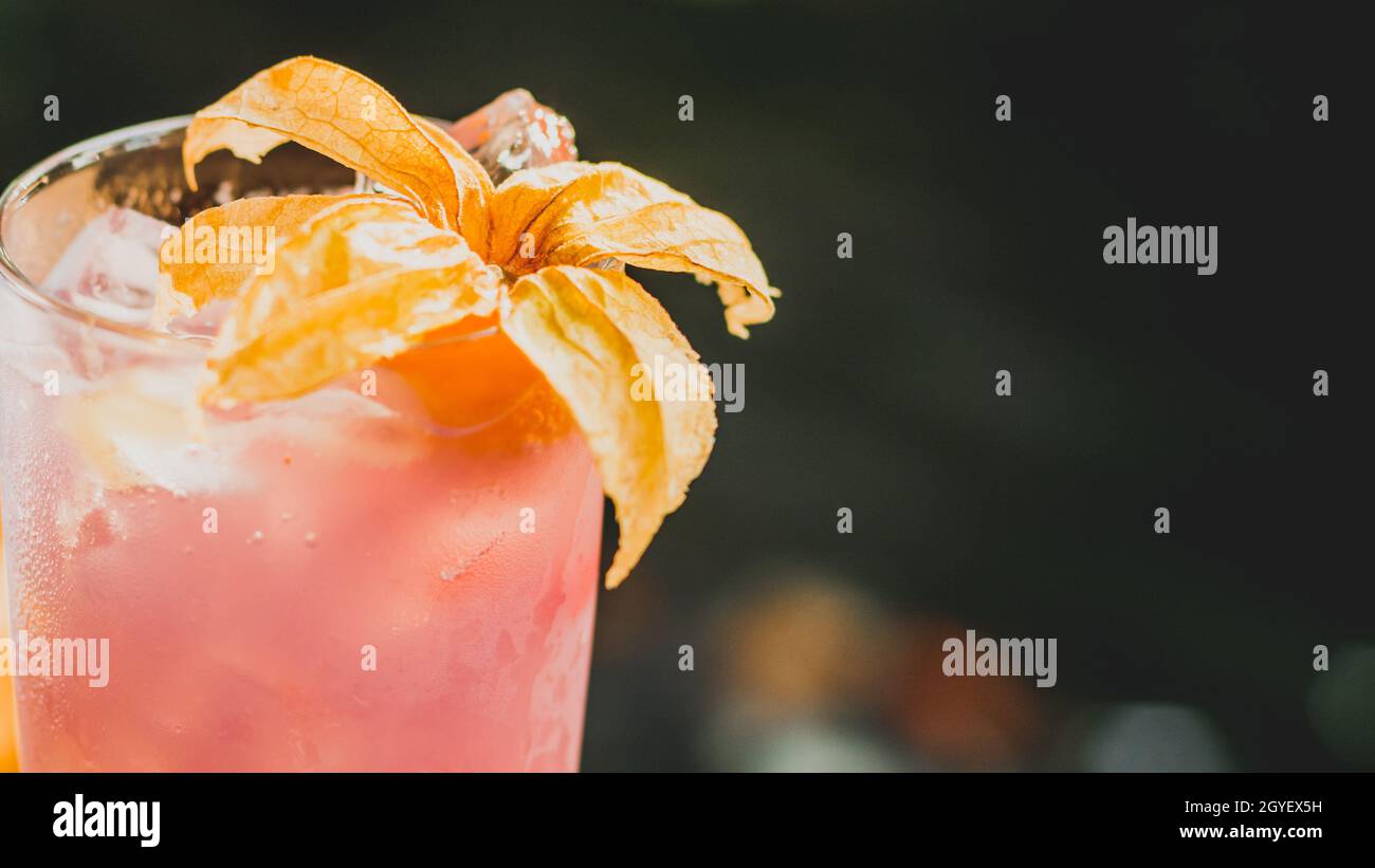 Fresh summer soft drink lady mocktail pour in glass decoration with ...