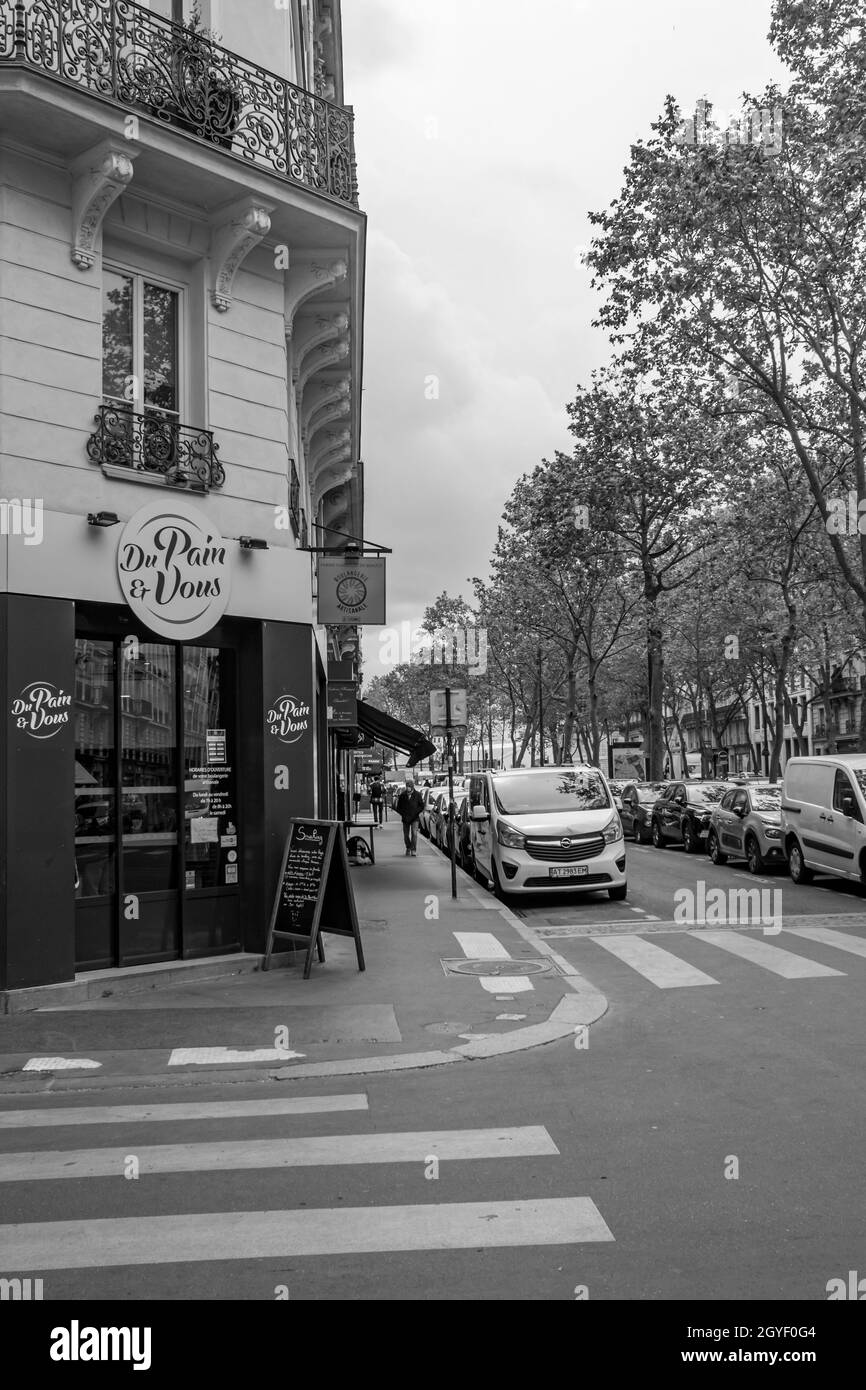 PARIS, FRANCE - Jul 08, 2021: A retro picture Black and white of Store ...