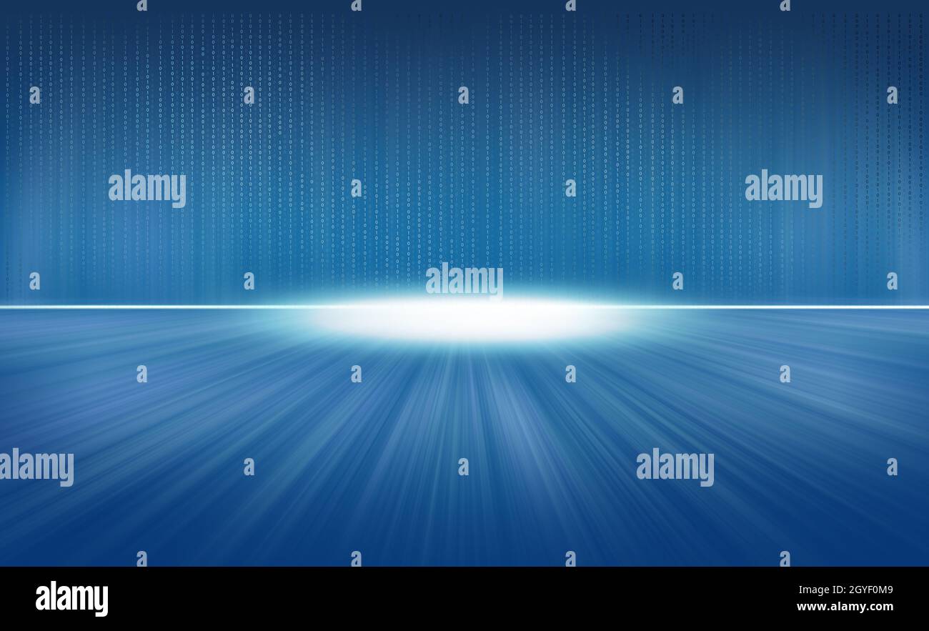 Binary code flying at blue background, digital data flow and ...