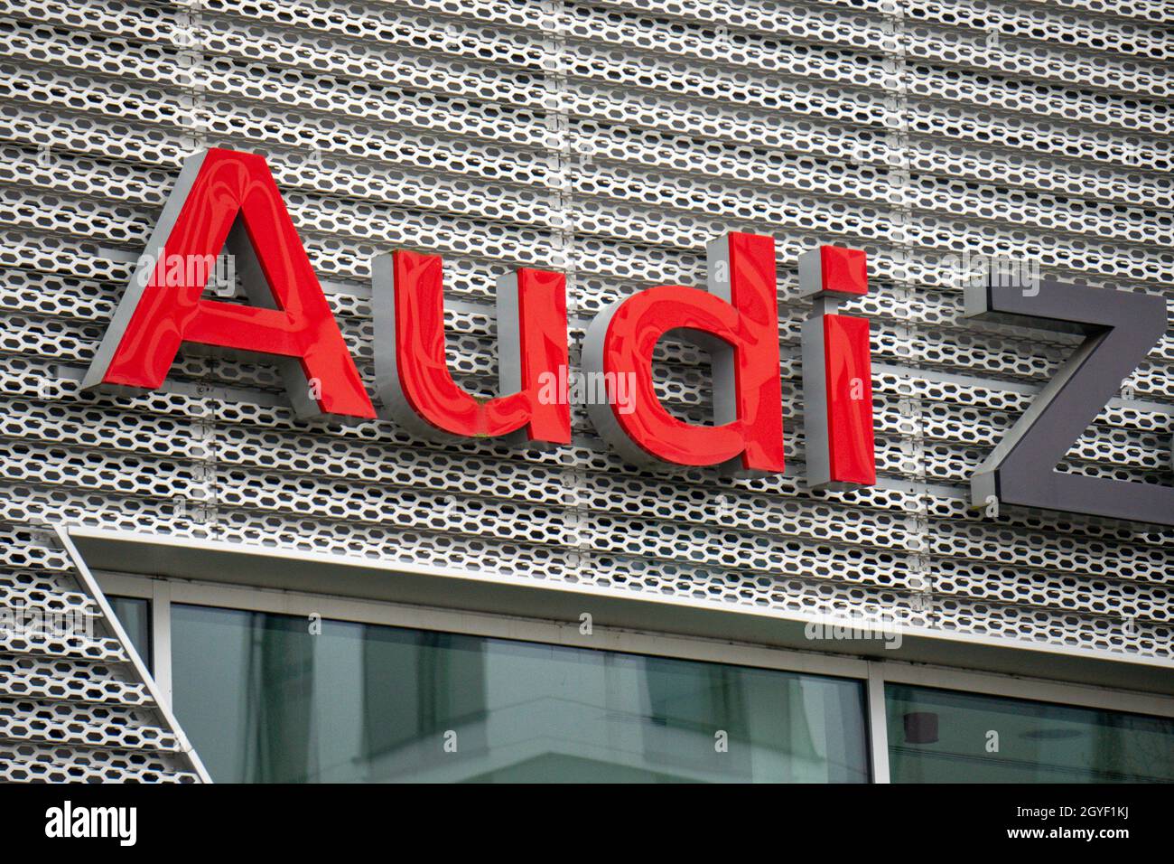 BERLIN, GERMANY - May 02, 2021: The Audi logo from the Audi center ...
