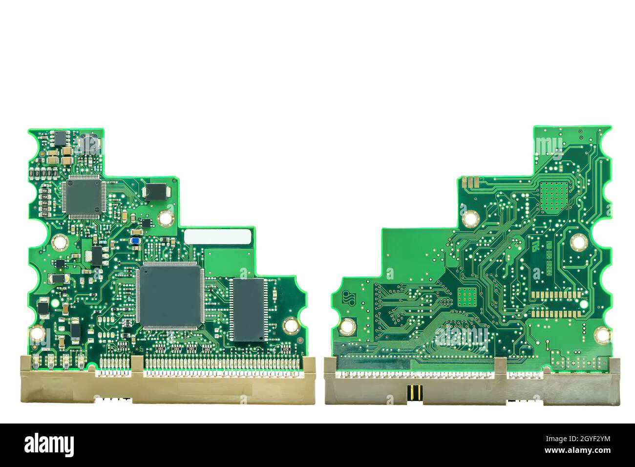 Front and rear of circuits for hard disk drive IDE isolated on a white ...