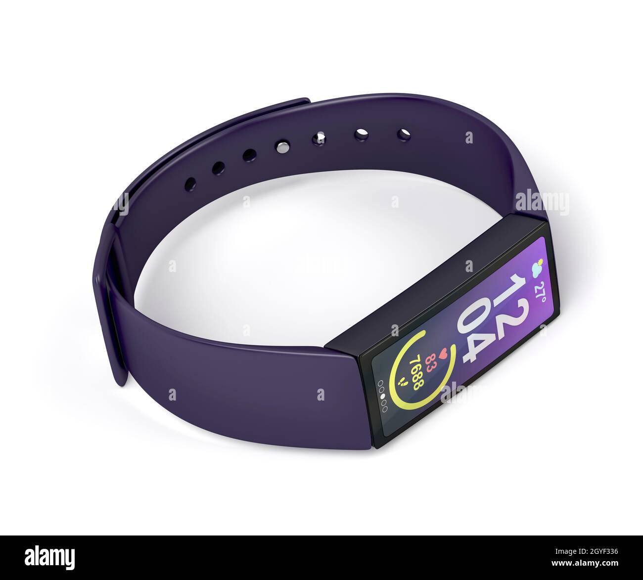 Purple fitness tracker on white background Stock Photo - Alamy