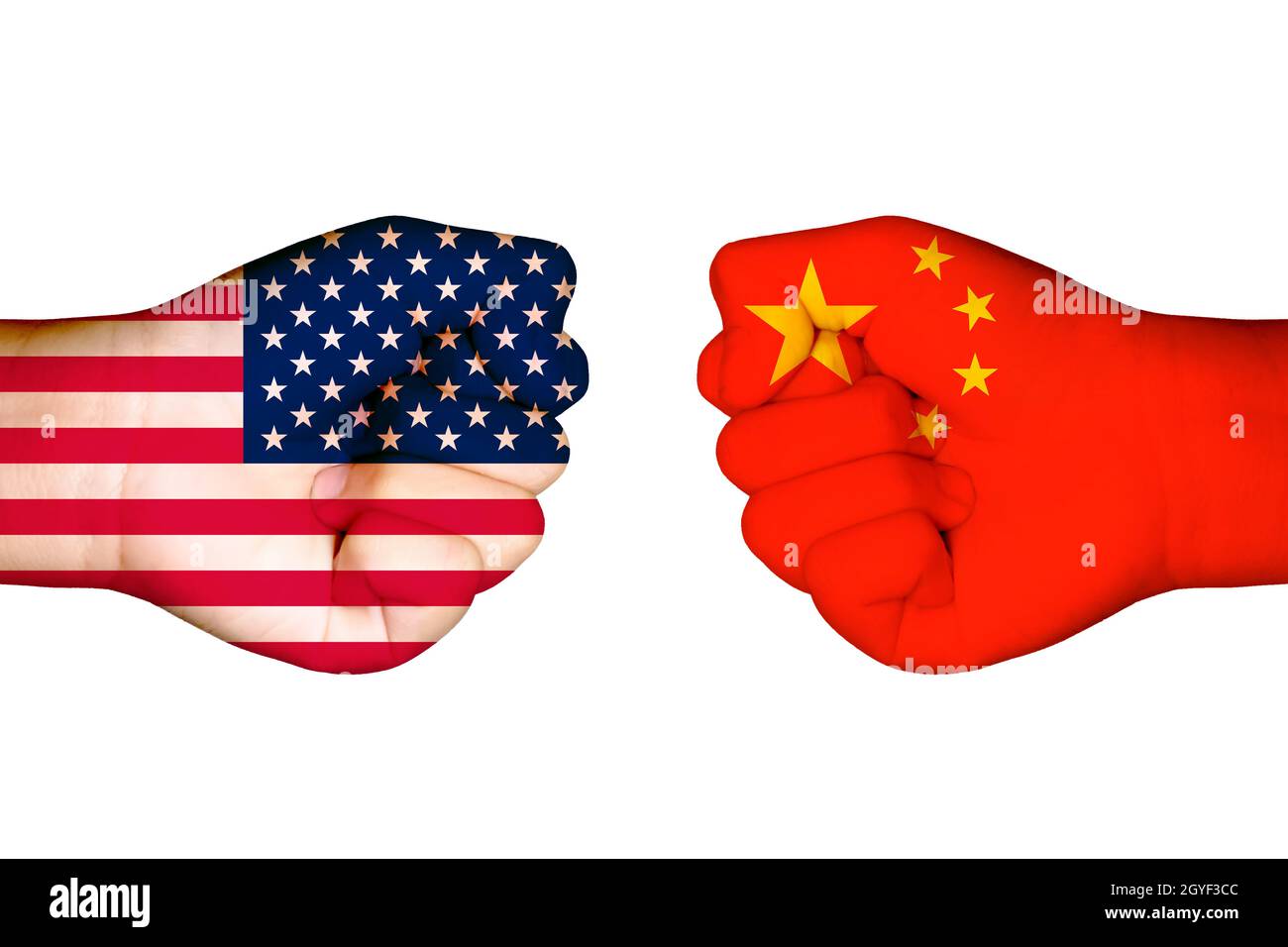 Flags of USA and China on fist hand isolated on a white background/us ...