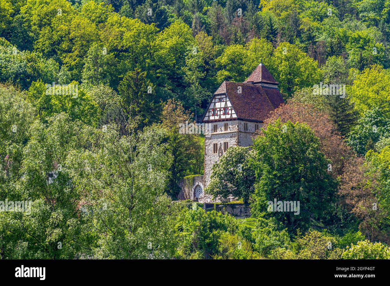 Sunny scenery including a small castle around Buchenbach in Hohenlohe ...