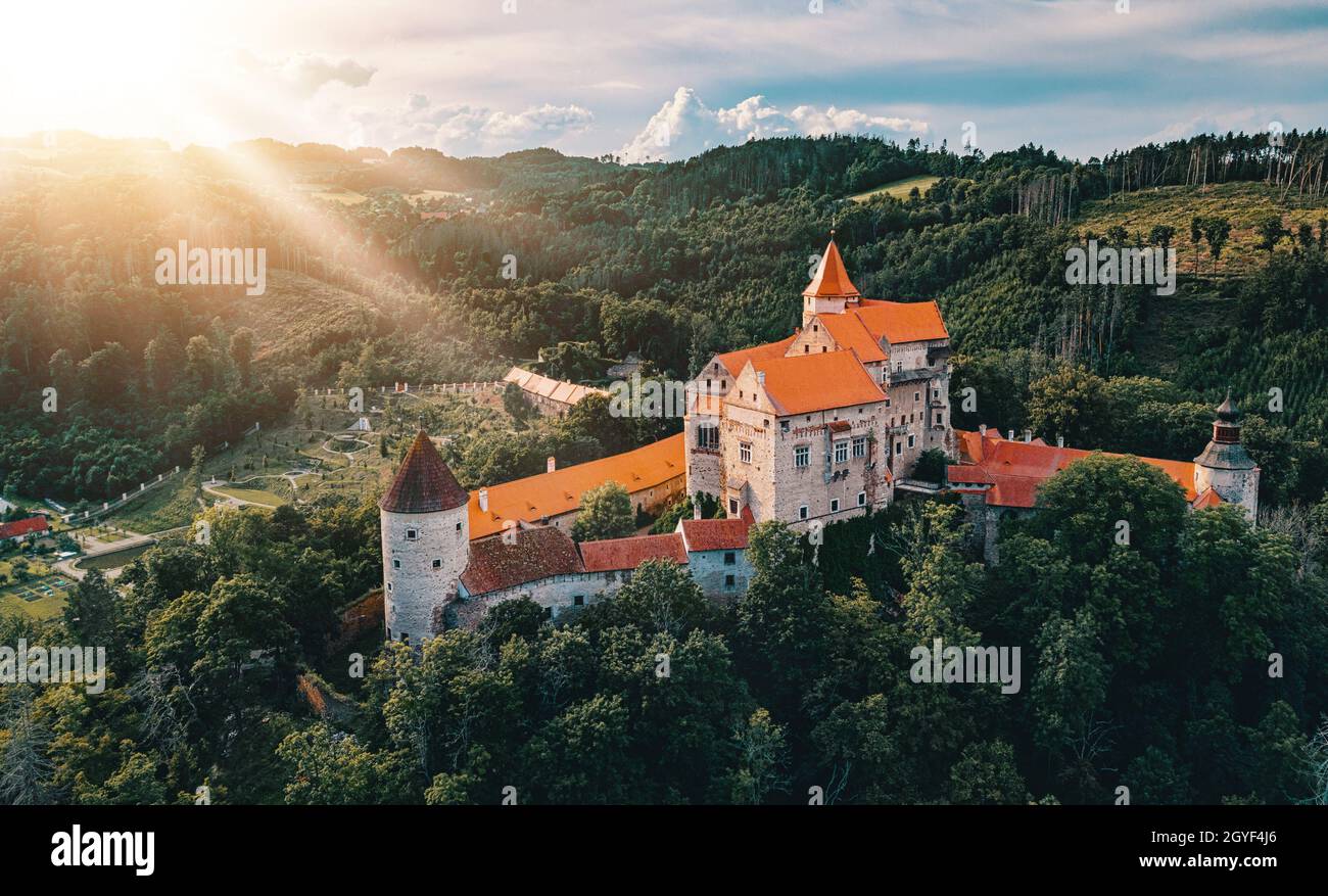 beautiful scenic aerial view of historical medieval Pernstejn castle in ...