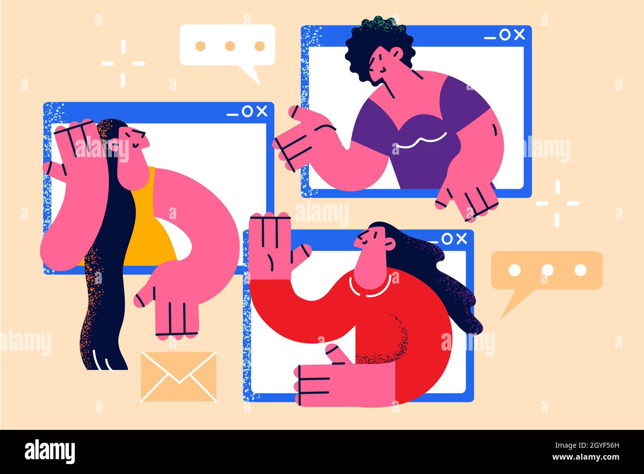 Online chat and stream event concept. Group of young smiling women ...