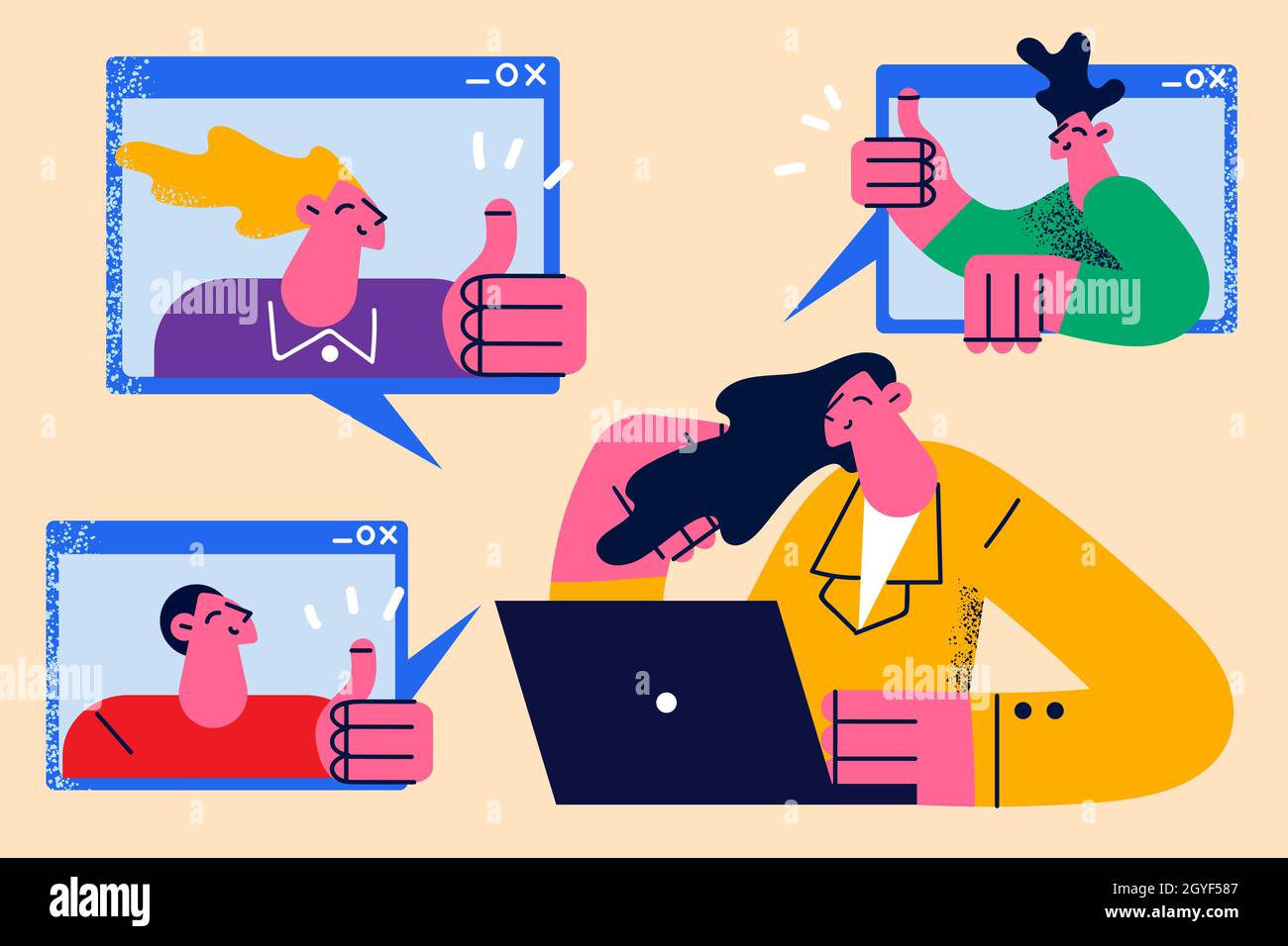 Online meeting and video chat concept. Group of young people cartoon ...