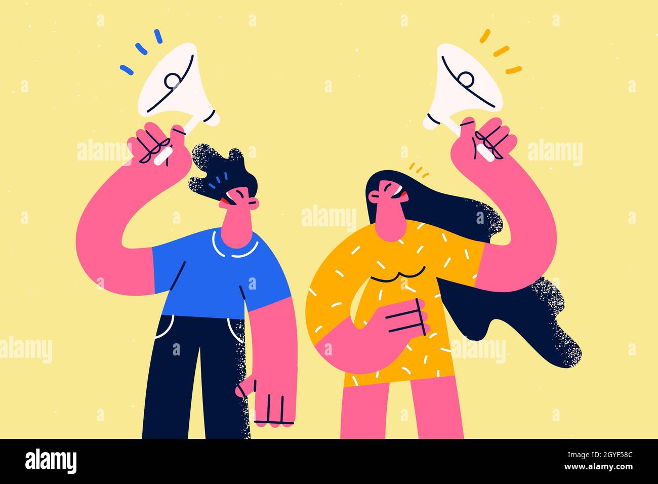 Advertisement, Announcement and promotion concept. Young woman and man ...