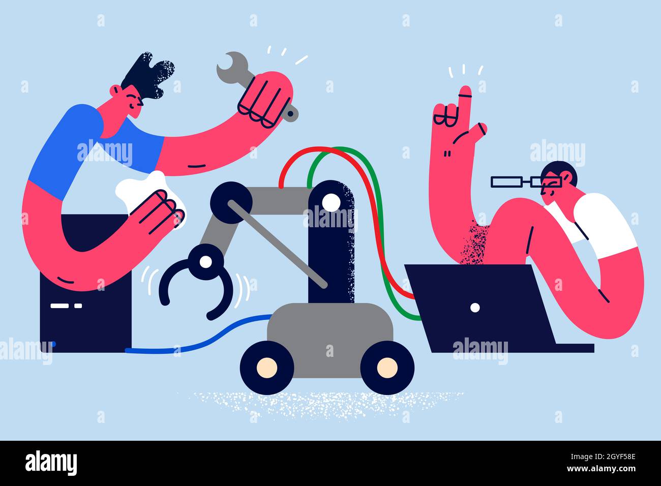 Repairing system unit manual concept. Two young workers sitting ...