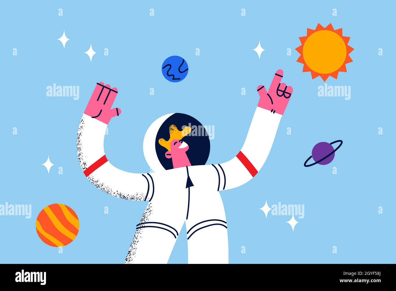 Astronaut during work in space concept. Young smiling cosmonaut in ...