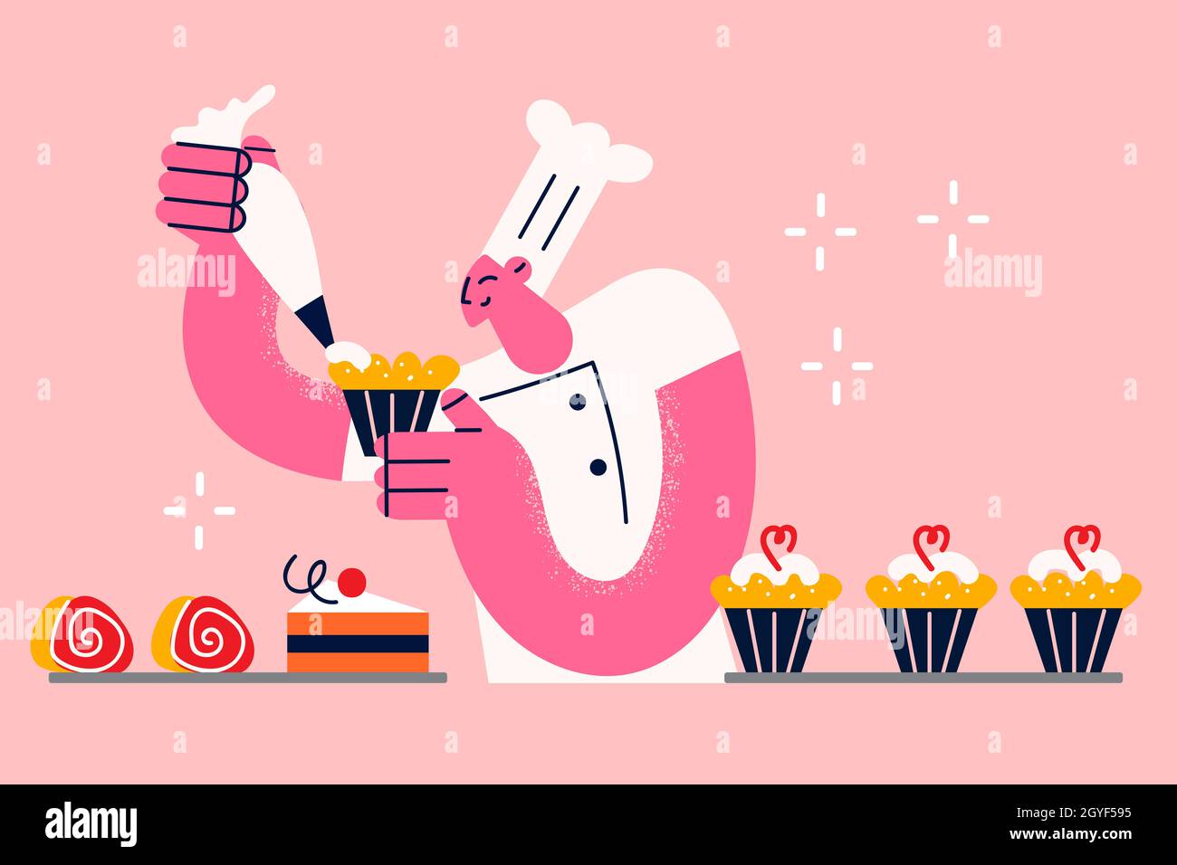 Baking sweets and cupcakes concept. Young human baker in white uniform ...