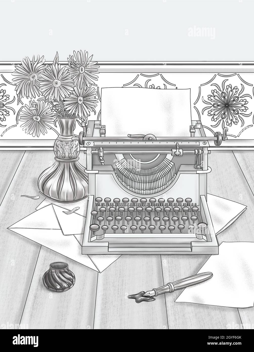 Vintage Typewriter With Paper Illustration
