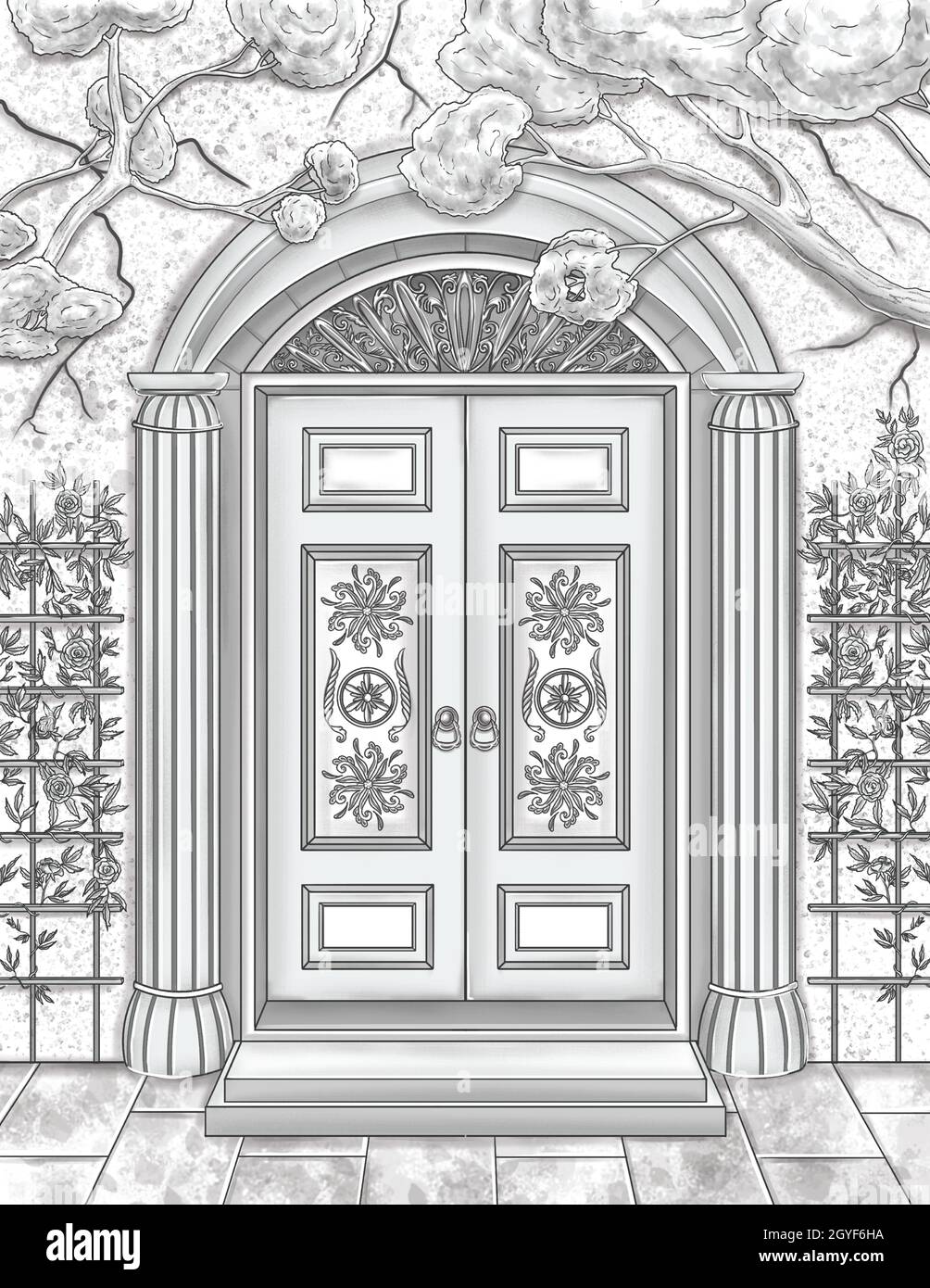 Vintage Wooden Door Entrance Line Drawing With Leaves Growing On The ...