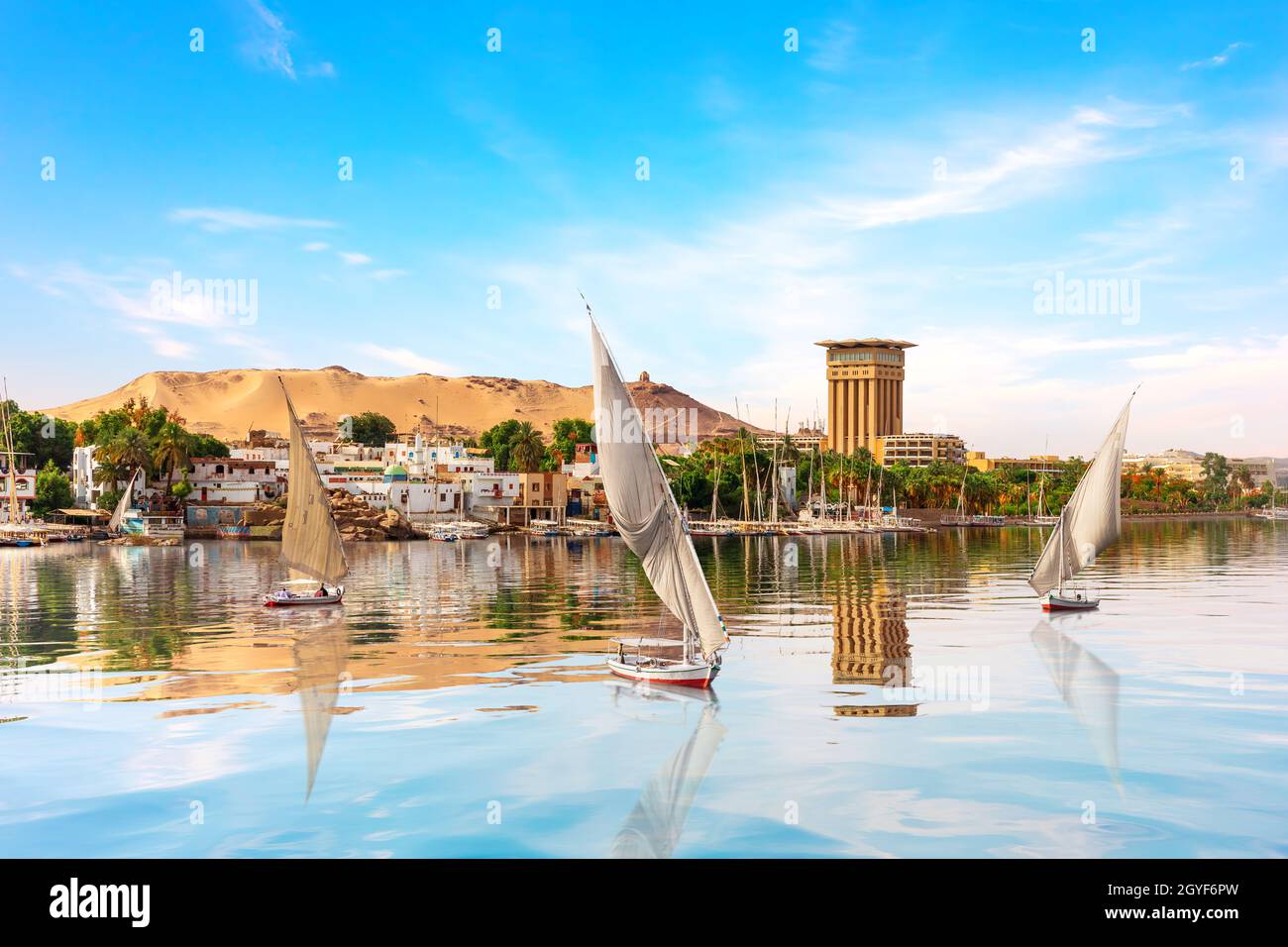 The Nile and sailboats in Aswan, Egypt, summer scenery Stock Photo - Alamy
