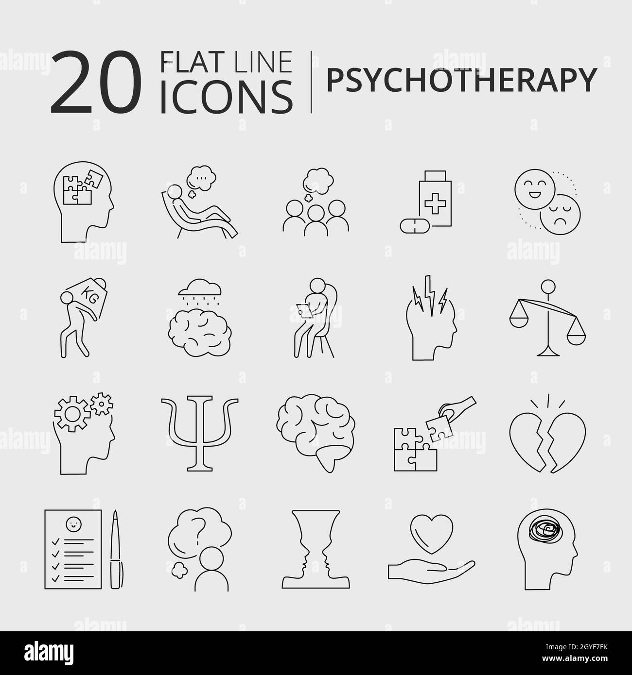 Psychotherapy and psychology related outline simple icon set. Mental ...