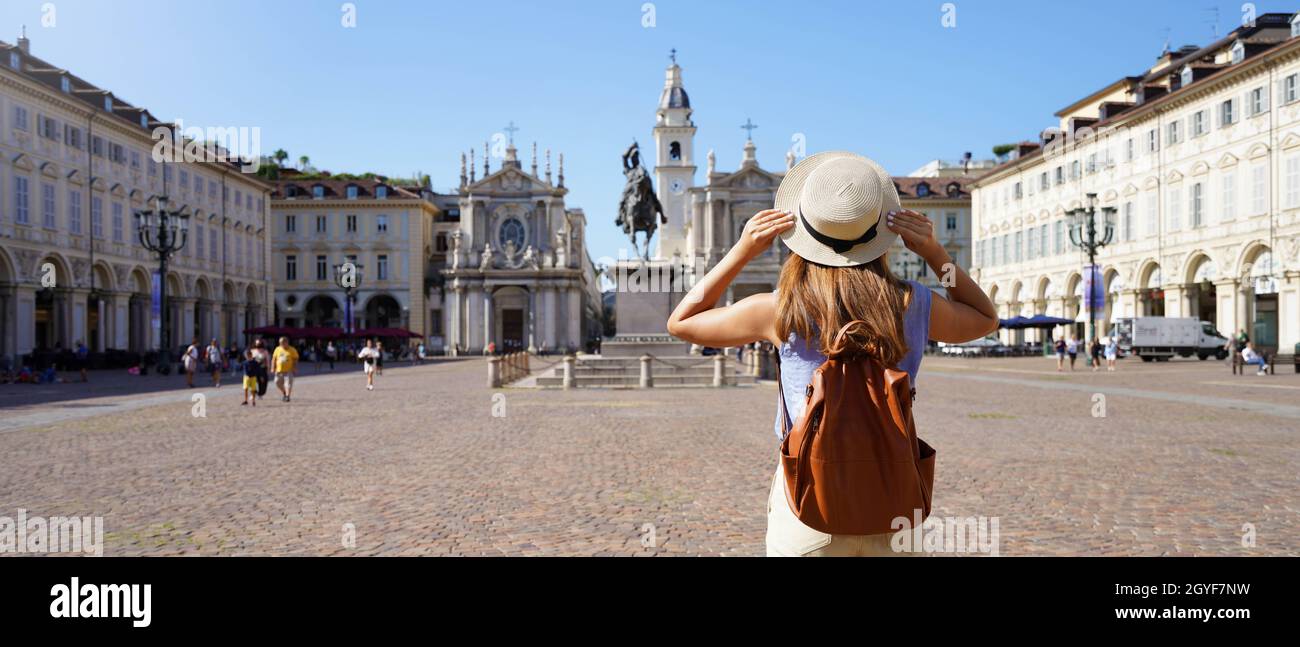 Holidays in Italy. Panoramic view of traveler girl walking in Piazza ...