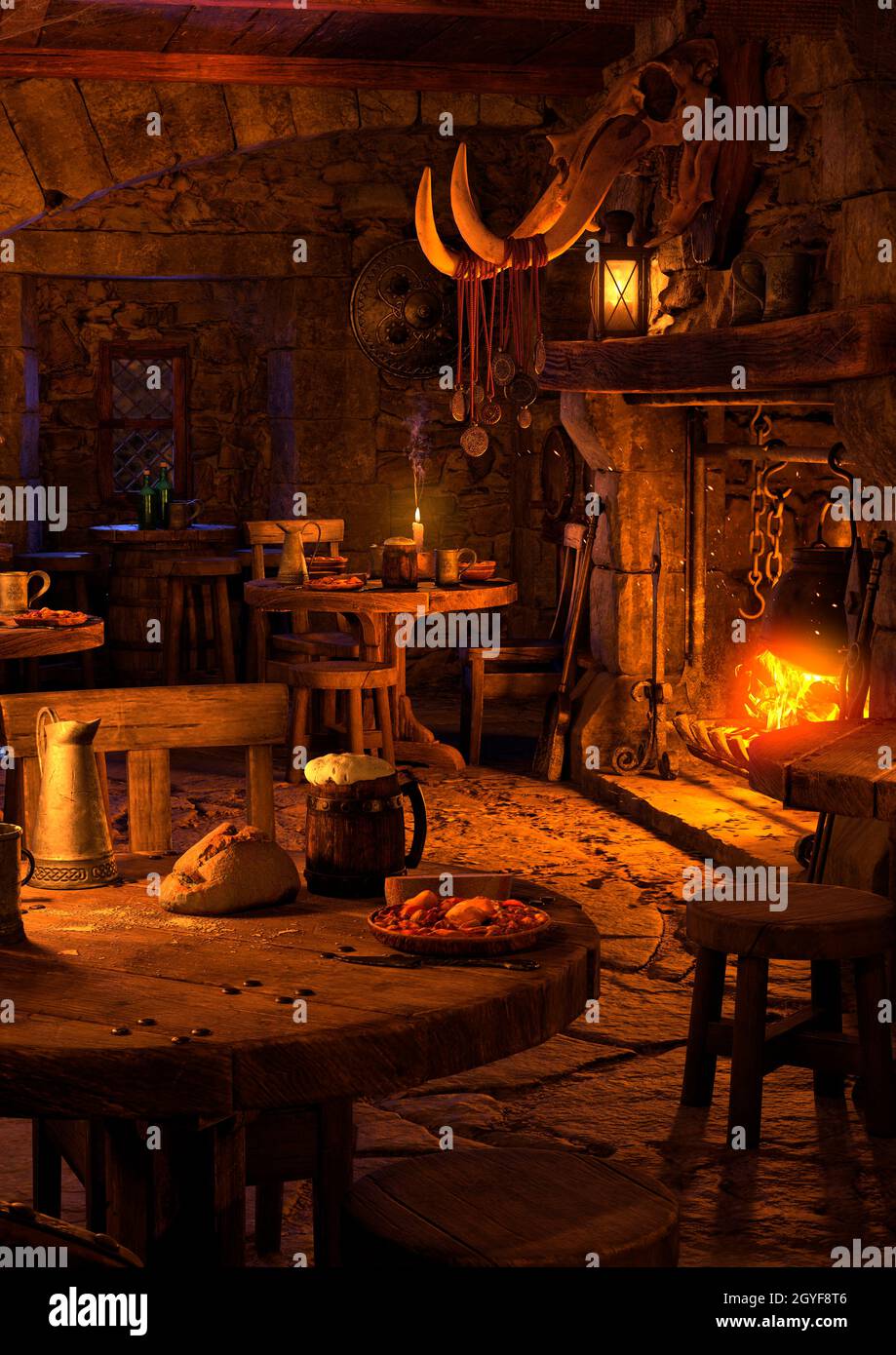 3D rendering of a medieval tavern interior Stock Photo - Alamy