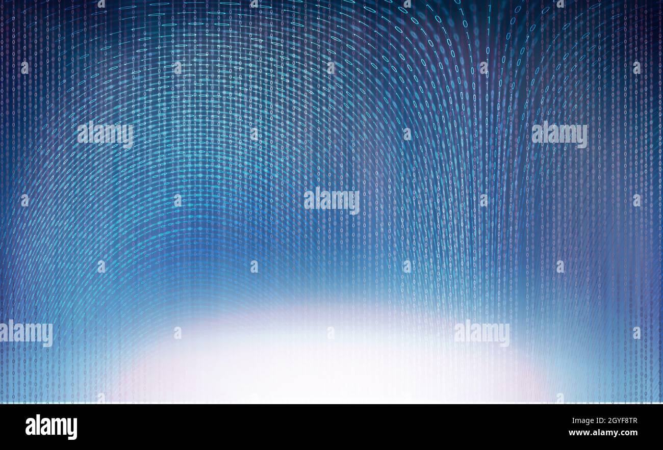 Binary code flying at blue background, digital data flow and ...