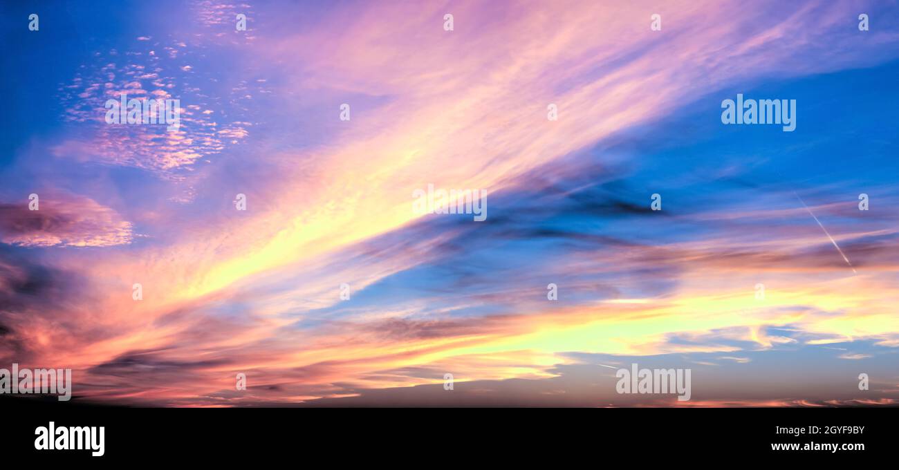 Beautiful high resolution panorama of orange and red sunset clouds in ...