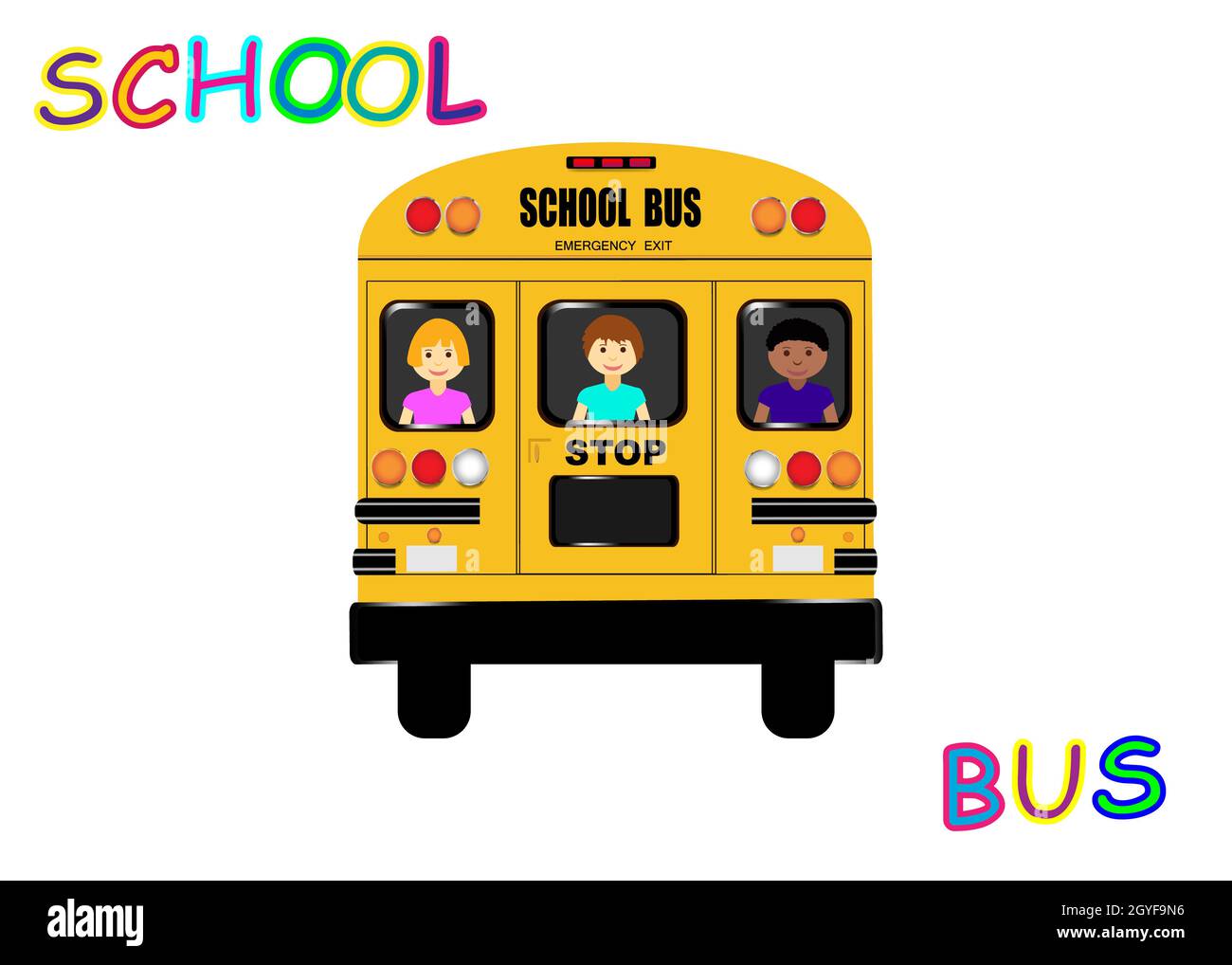 View of the entire rear of the school bus with children. Isolated on ...