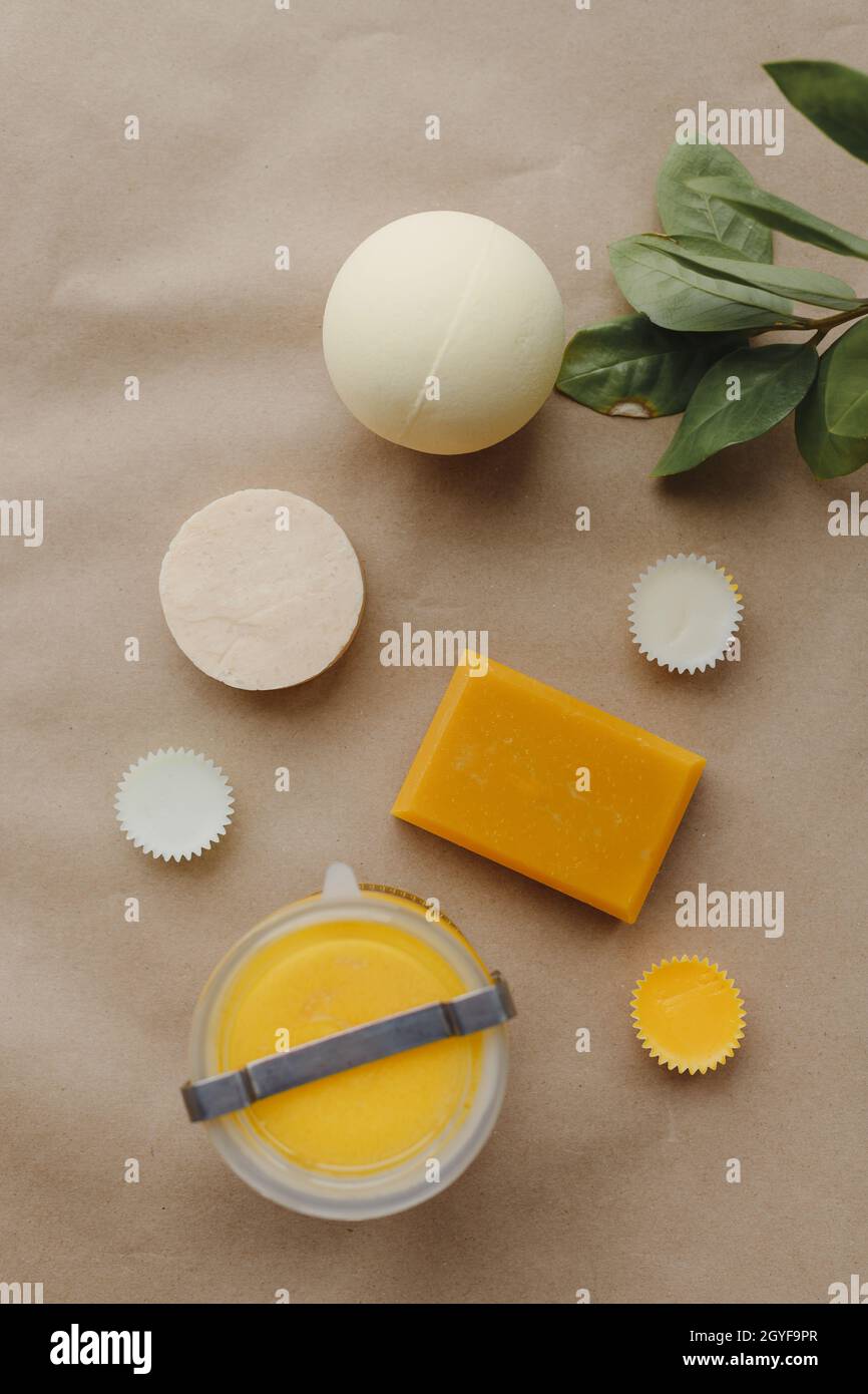 Flat lay of spa natural ingredient soap treatment set, top view on ...