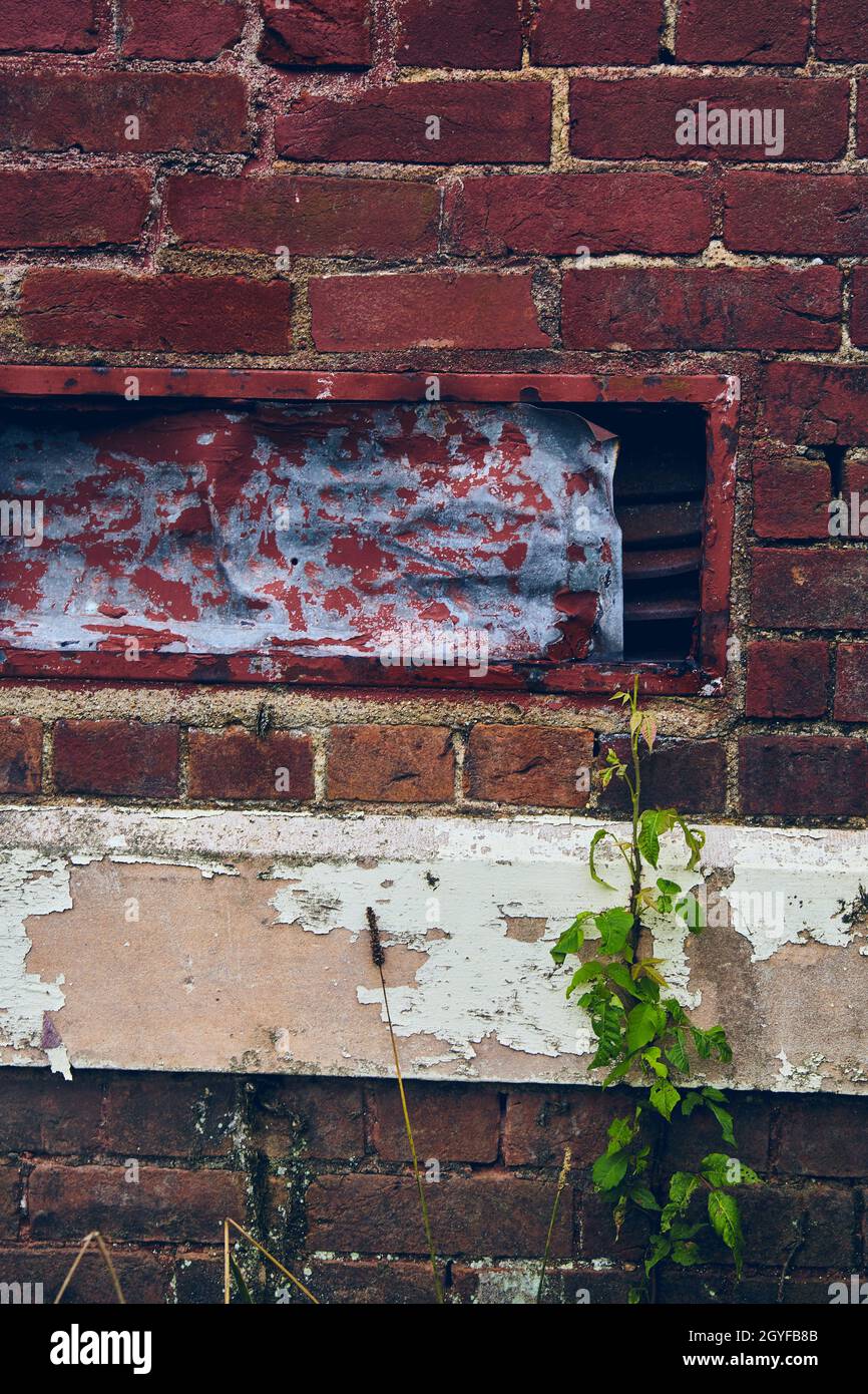 Abandoned building close-up of red brick wall with holes and peeling ...
