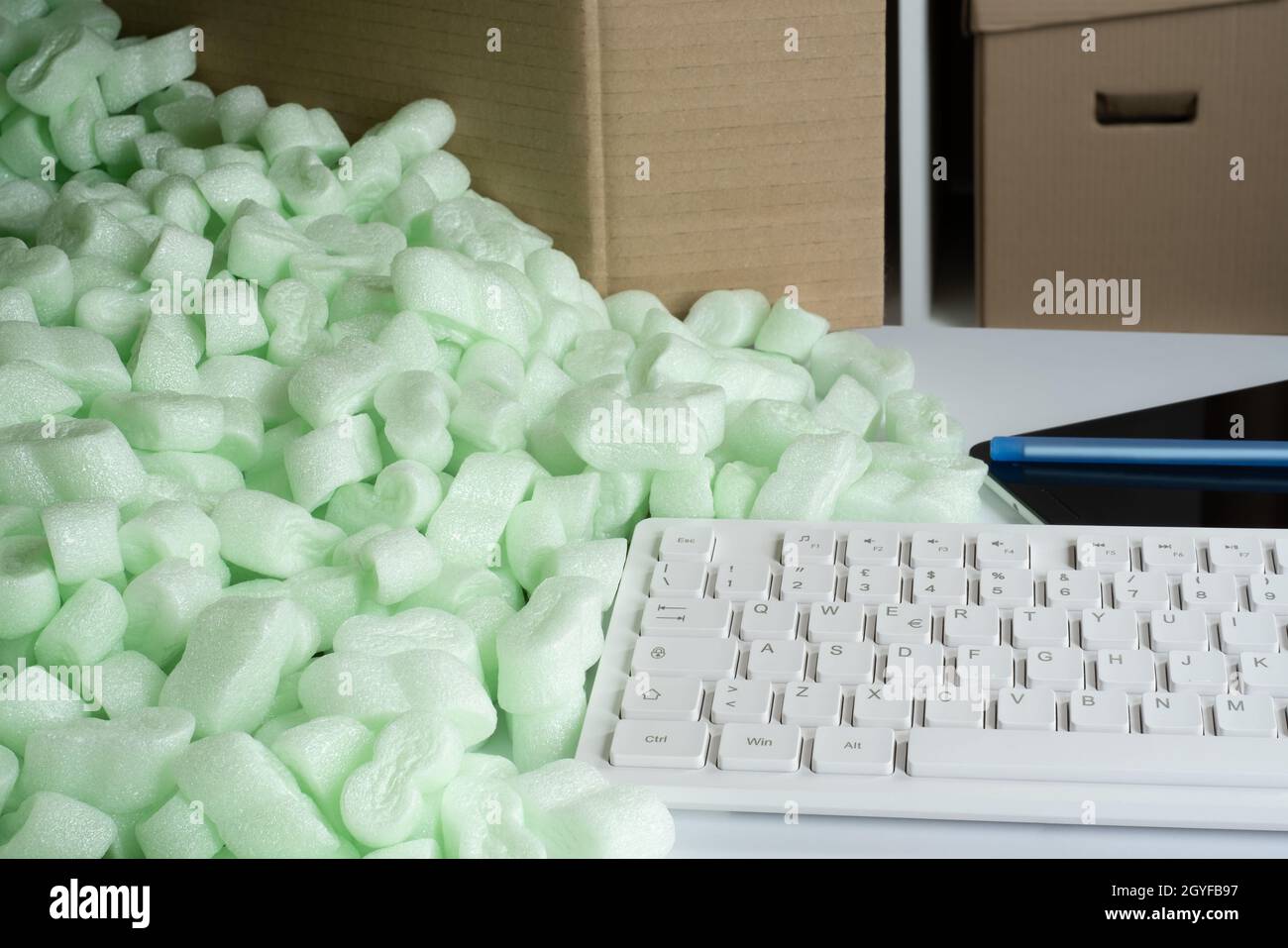 Packing peanuts Safety online Shipping delivery concept. Sending ...