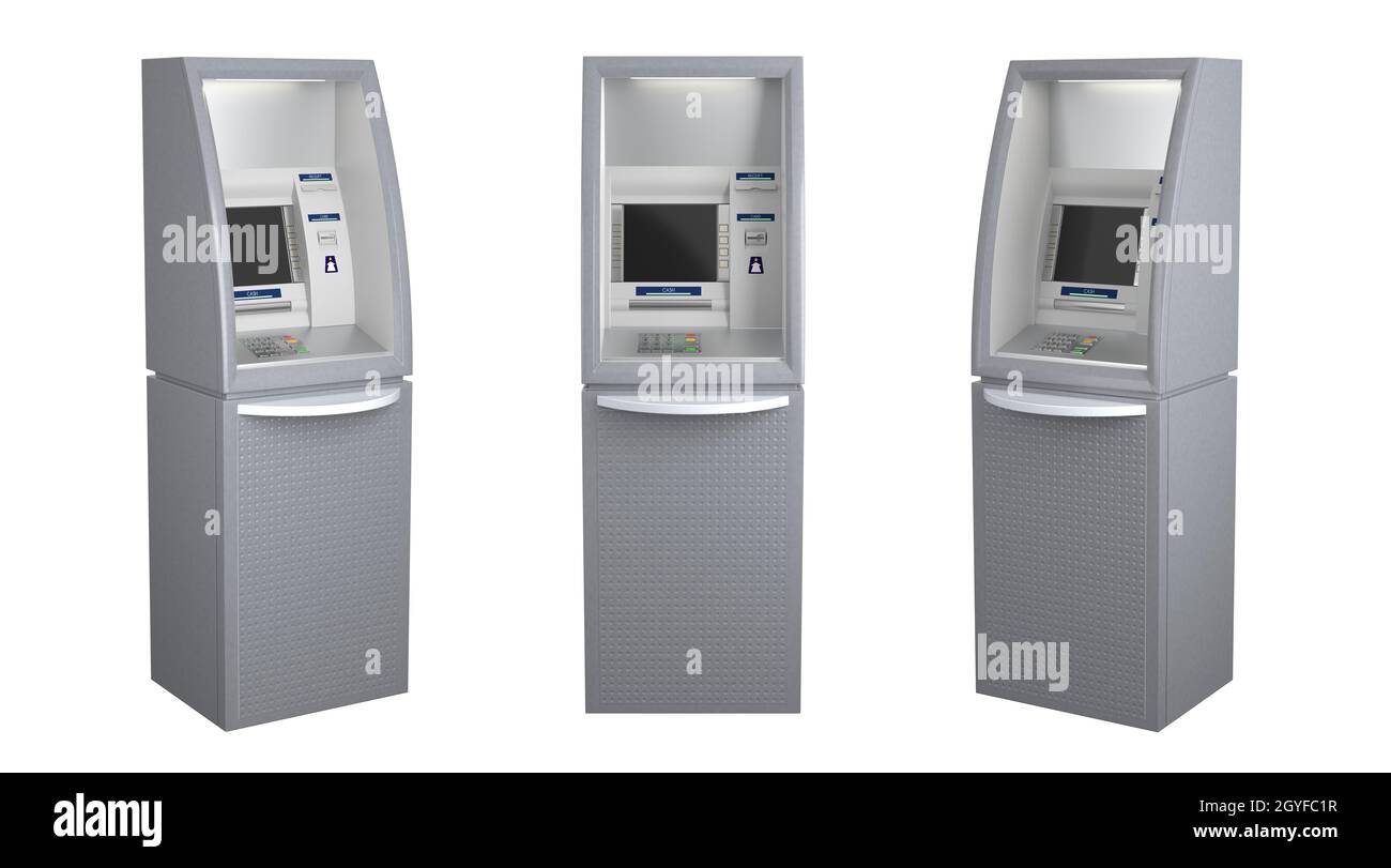 Set of three atm machines in different views - front and sides ...