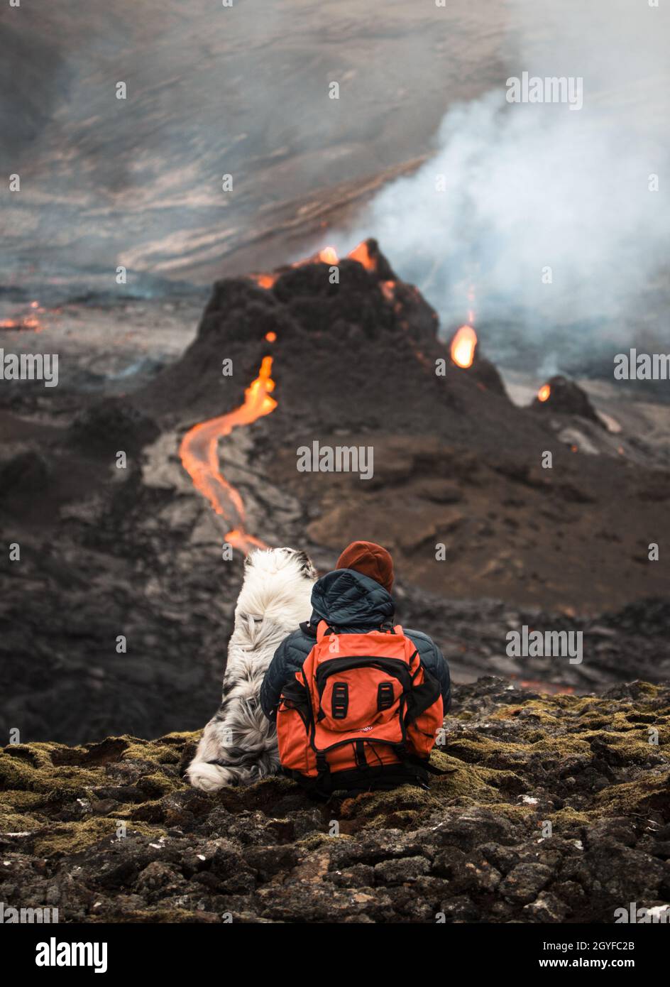 Vertical shot of a person with a dog looking at an active volcano with ...