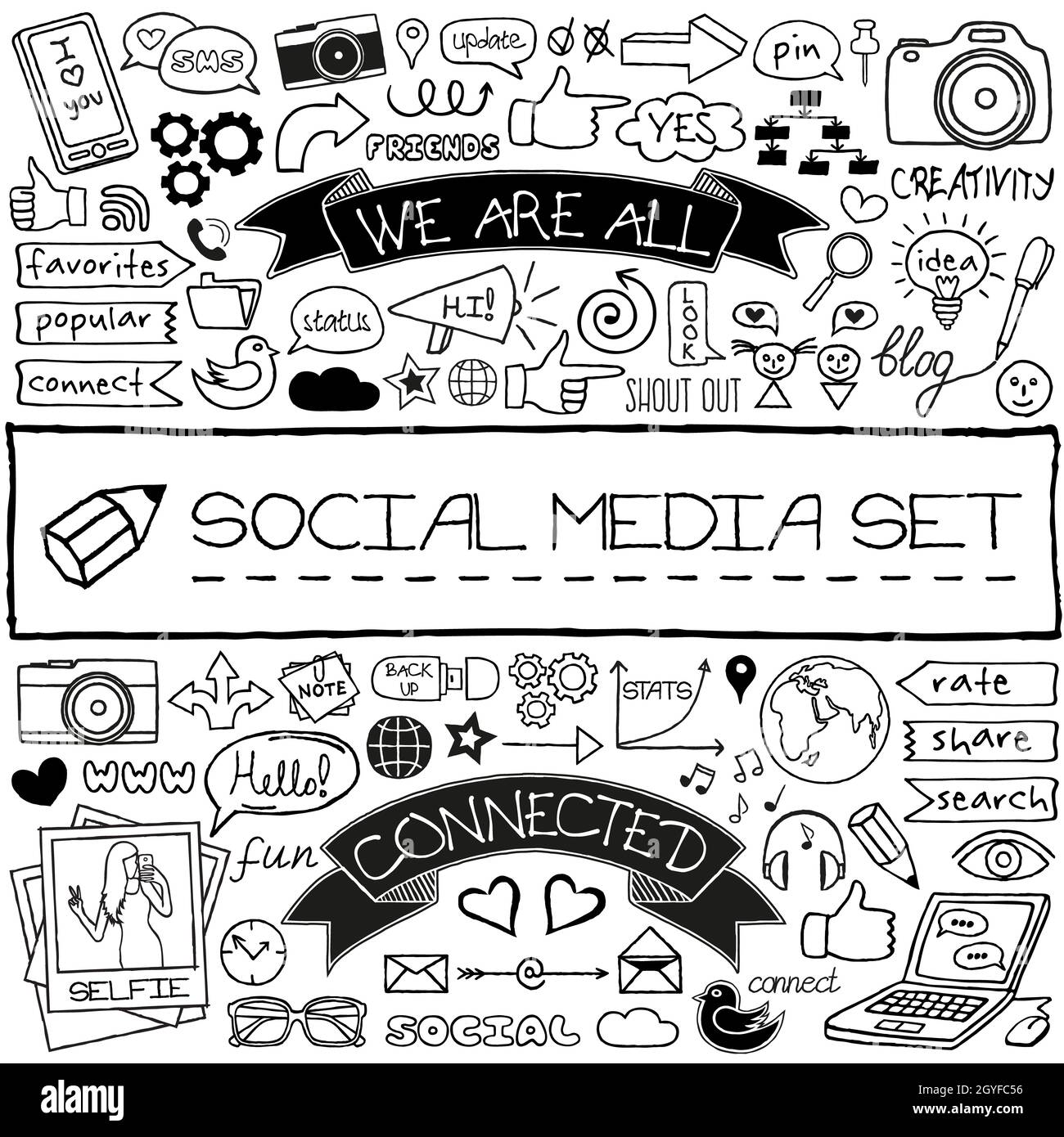 Doodle social media icons set. Networking concept with speech bubbles ...