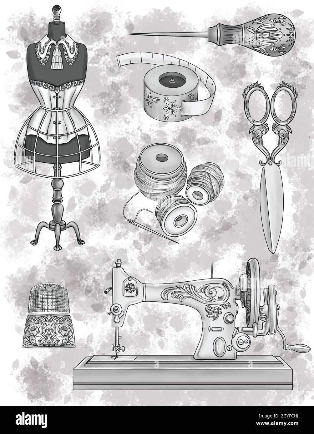 Tailoring Tools Vintage Sewing Machine Threads Needle Line Drawing ...