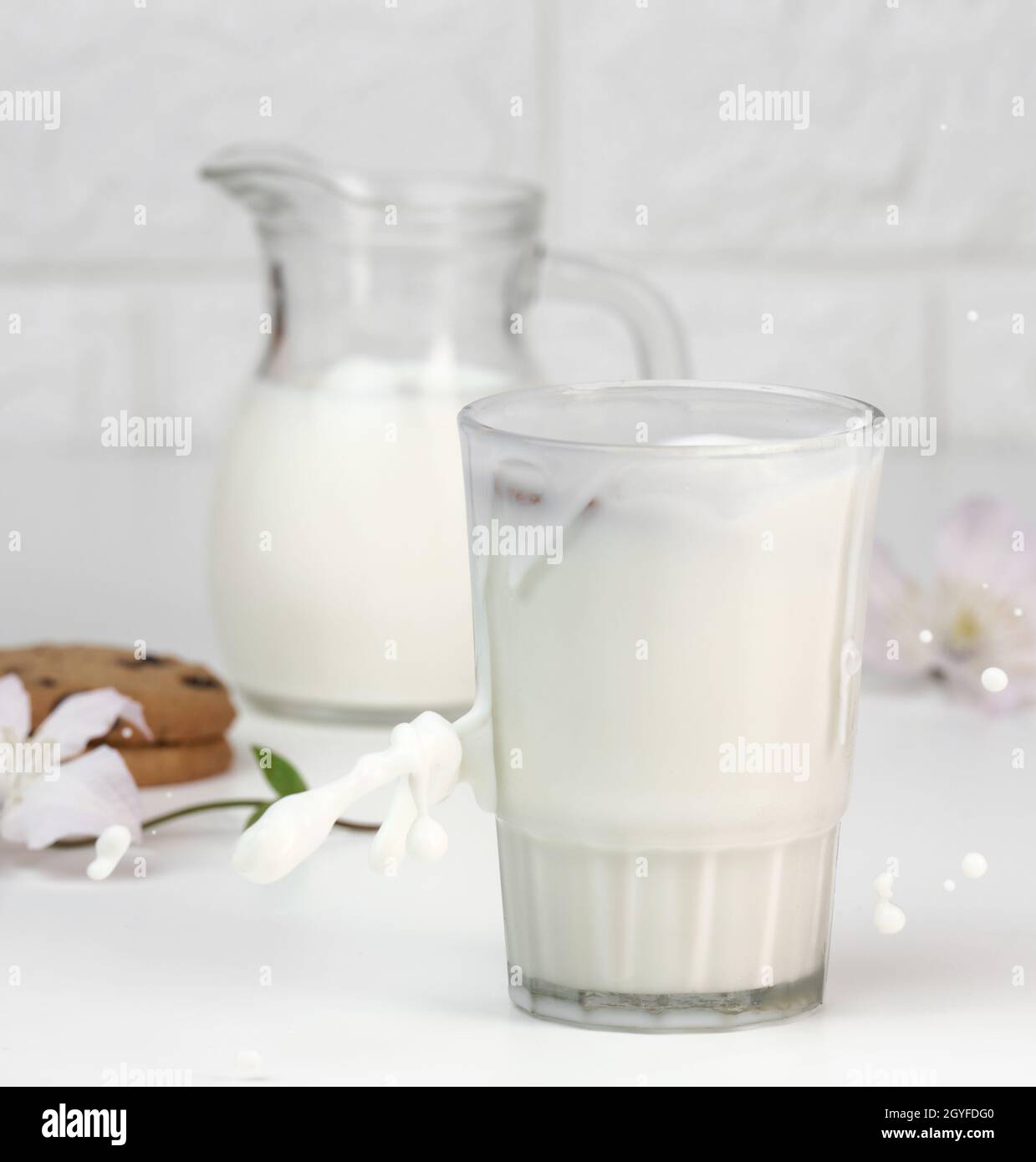 full glass cup of fresh milk with splashes stands on a white table ...
