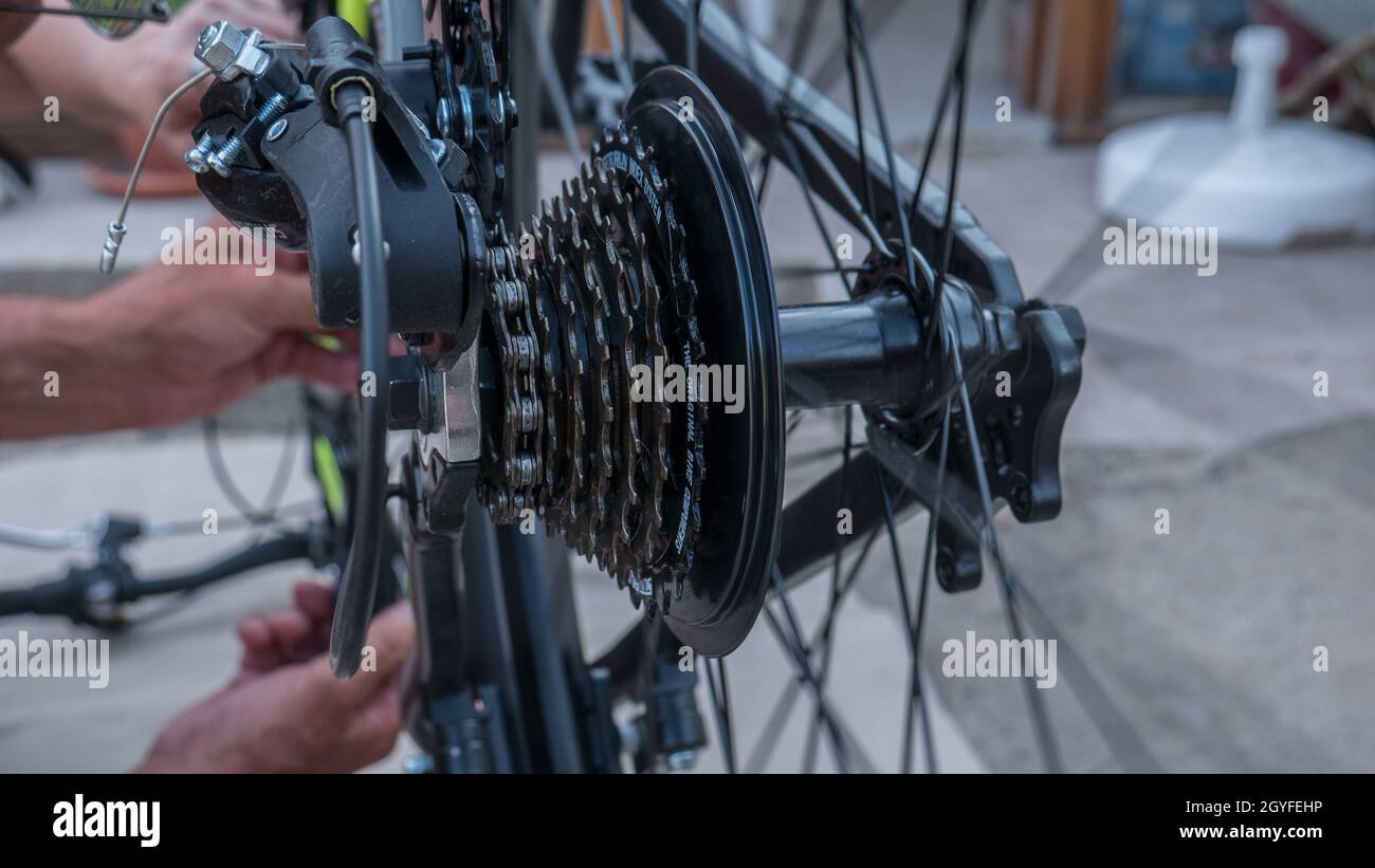 close-up of the rear and front chain shift chainring adjustment of a ...
