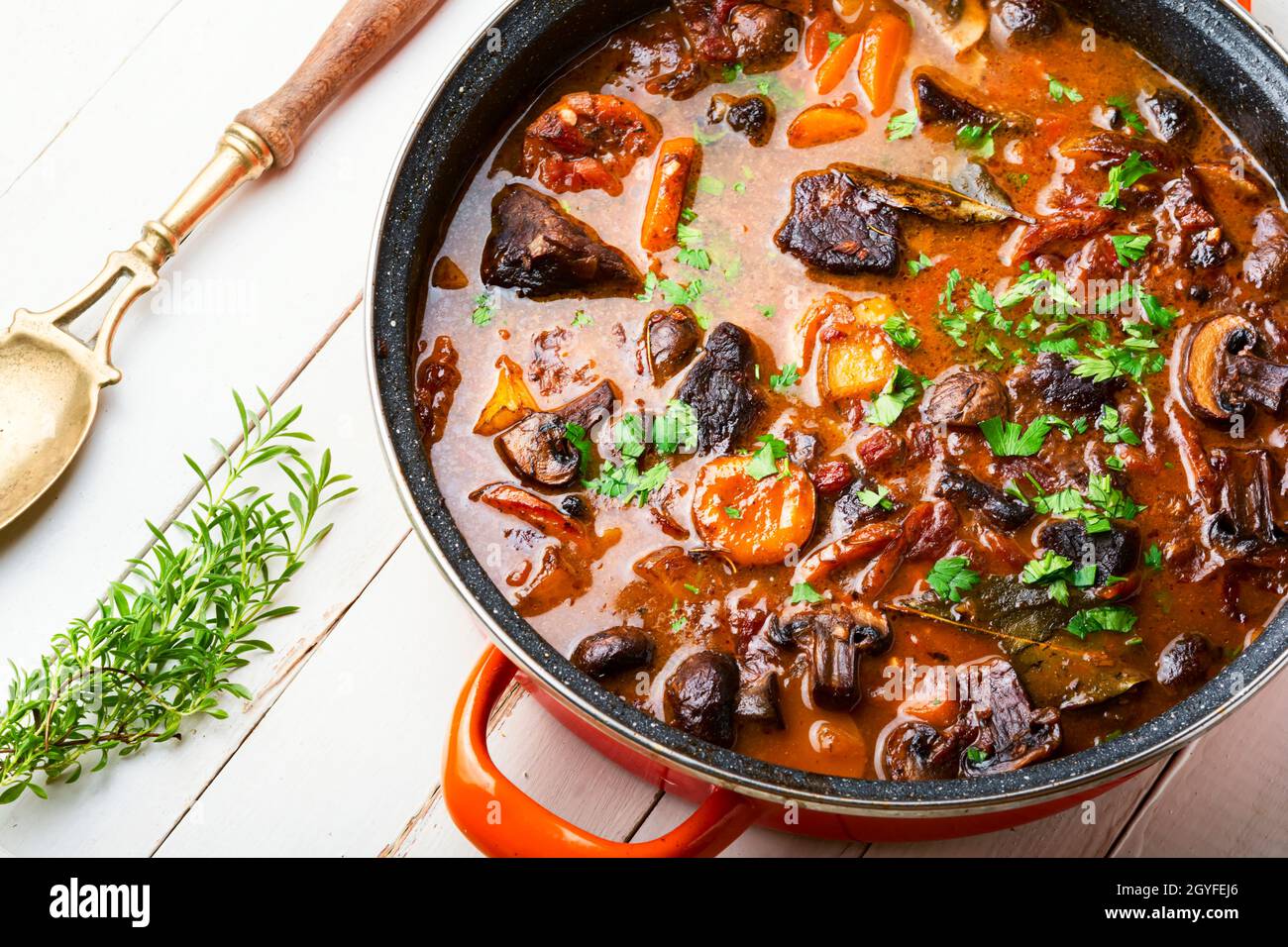 Delicious ragout with beef and mushrooms. Meat sauce with veal. Roast ...