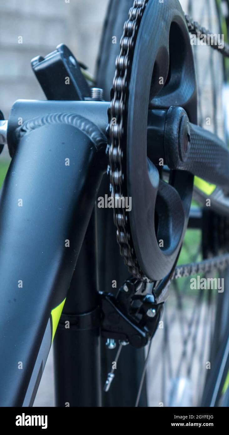 close-up of the rear and front chain shift chainring adjustment of a ...