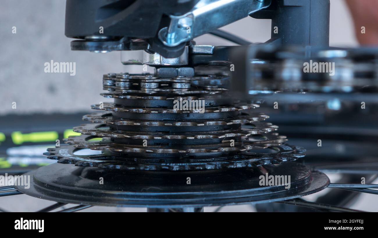 close-up of the rear and front chain shift chainring adjustment of a ...