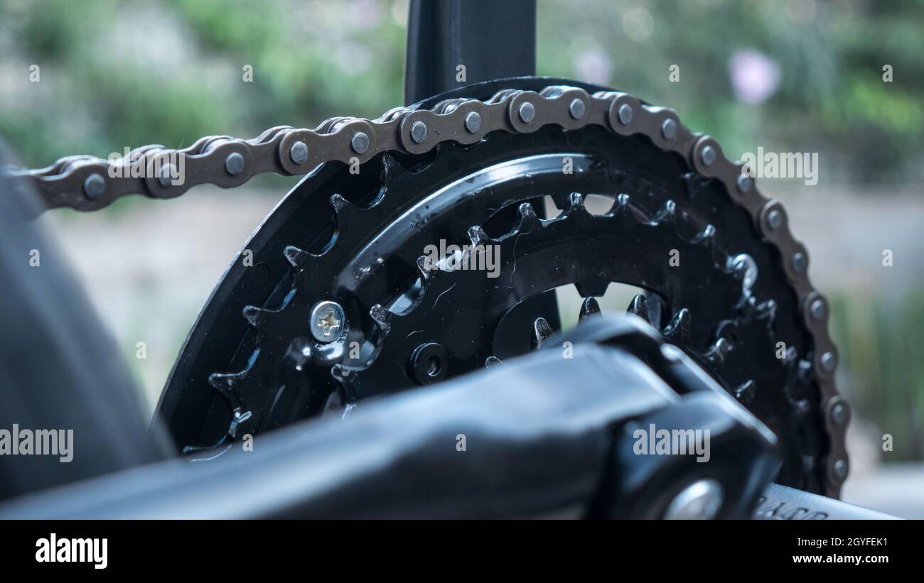 close-up of the rear and front chain shift chainring adjustment of a ...