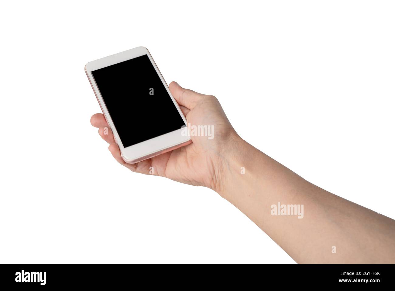 Lady woman hand holding mobile phone isolated on white background Stock ...