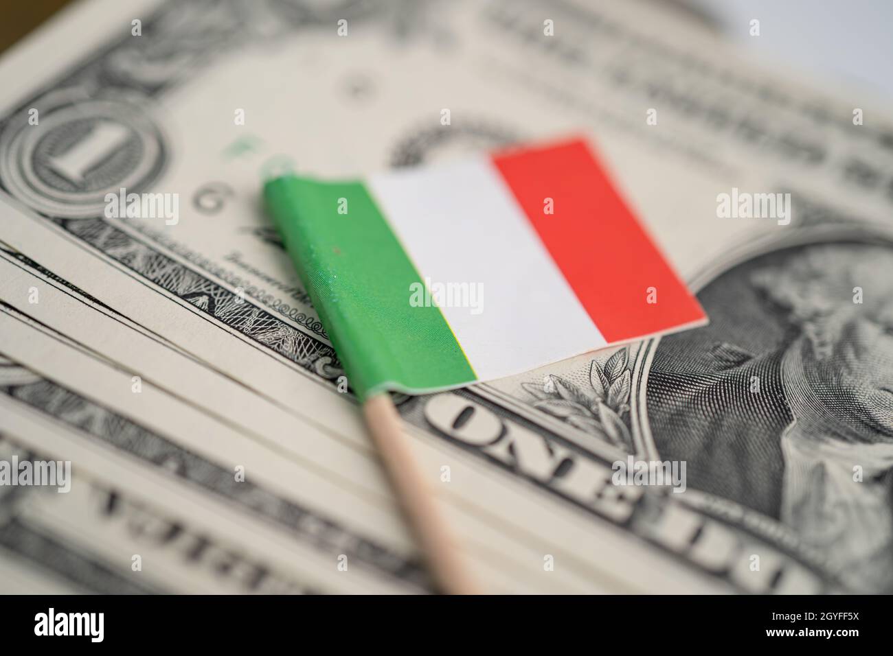 Italy flag on US America dollar banknotes money, finance concept Stock ...