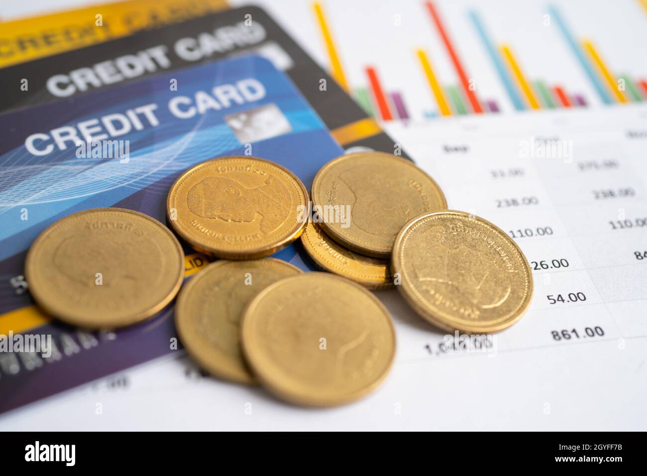 Credit card model and coins with shopping cart box, Financial ...