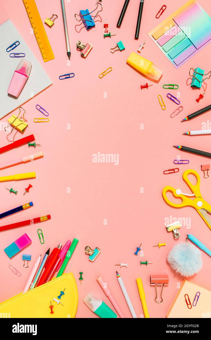 Creative student desk with school supplies and copy space in center ...